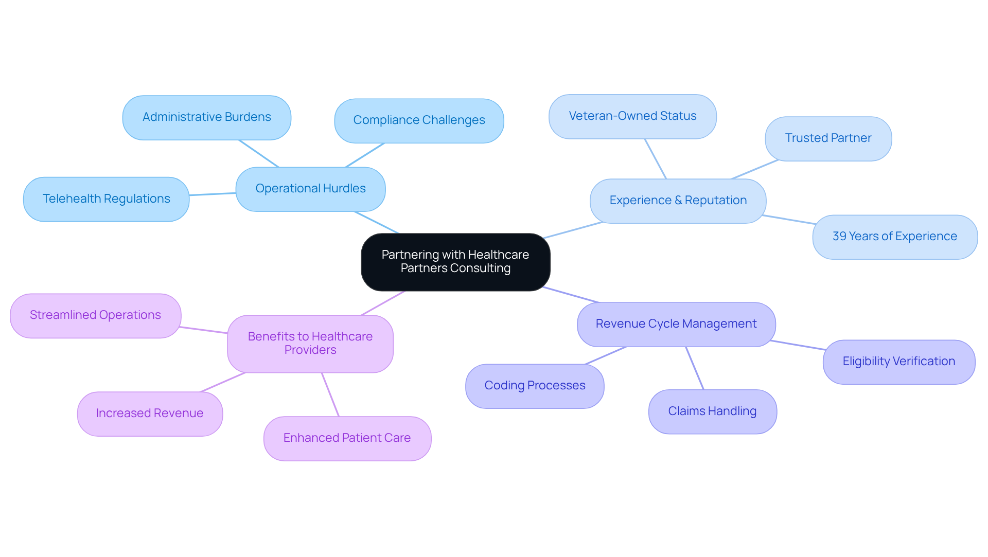 The center represents the partnership with HPC, and the branches show the main areas of focus and benefits. Each branch leads to specific details, helping you understand how HPC can improve operations and patient care. The center represents the partnership with HPC, and the branches show the main areas of focus and benefits. Each branch leads to specific details, helping you understand how HPC can improve operations and patient care.