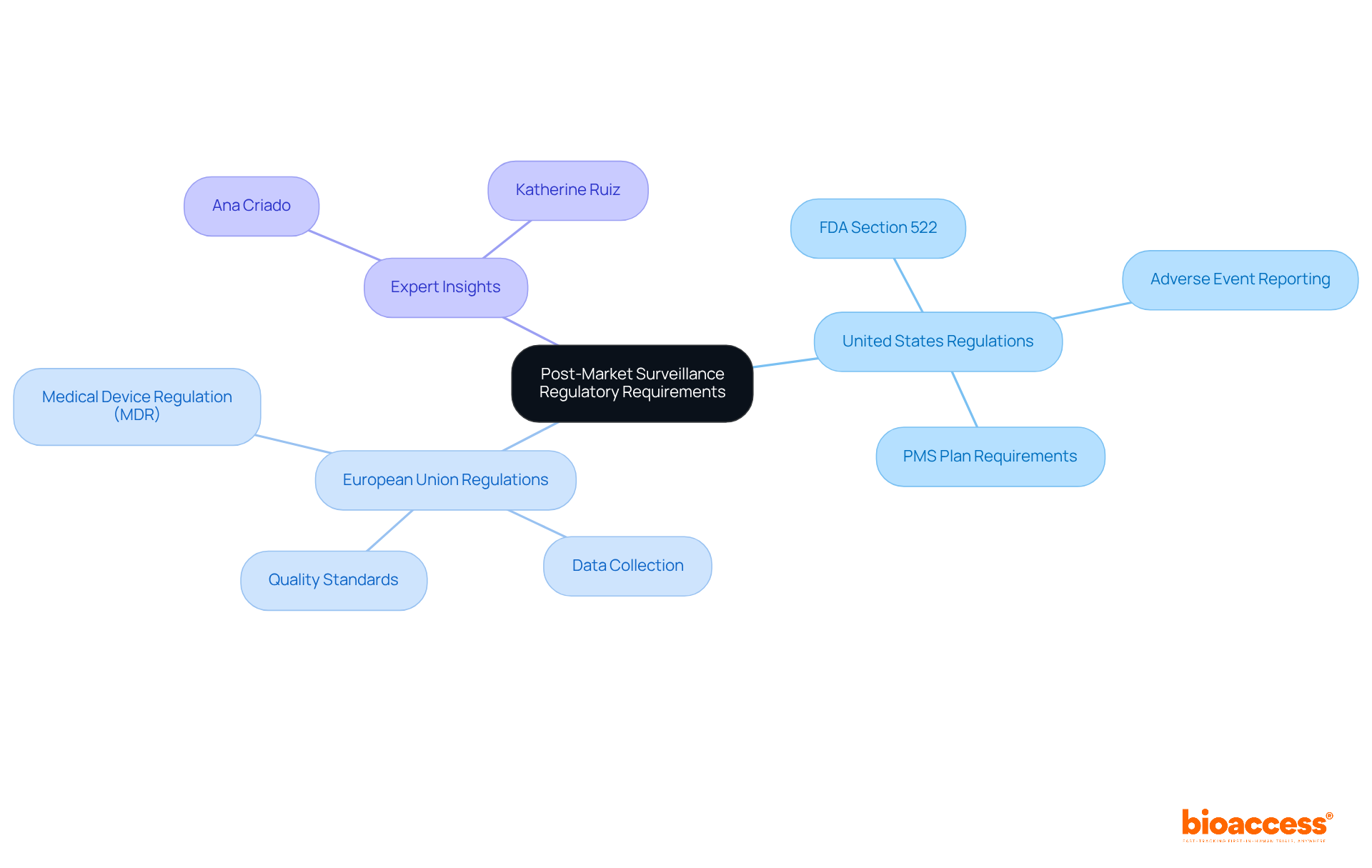Start from the central theme of post-market surveillance and explore how different regions and experts contribute to understanding these regulations. Each branch shows a different aspect, making it easier to see the whole picture.