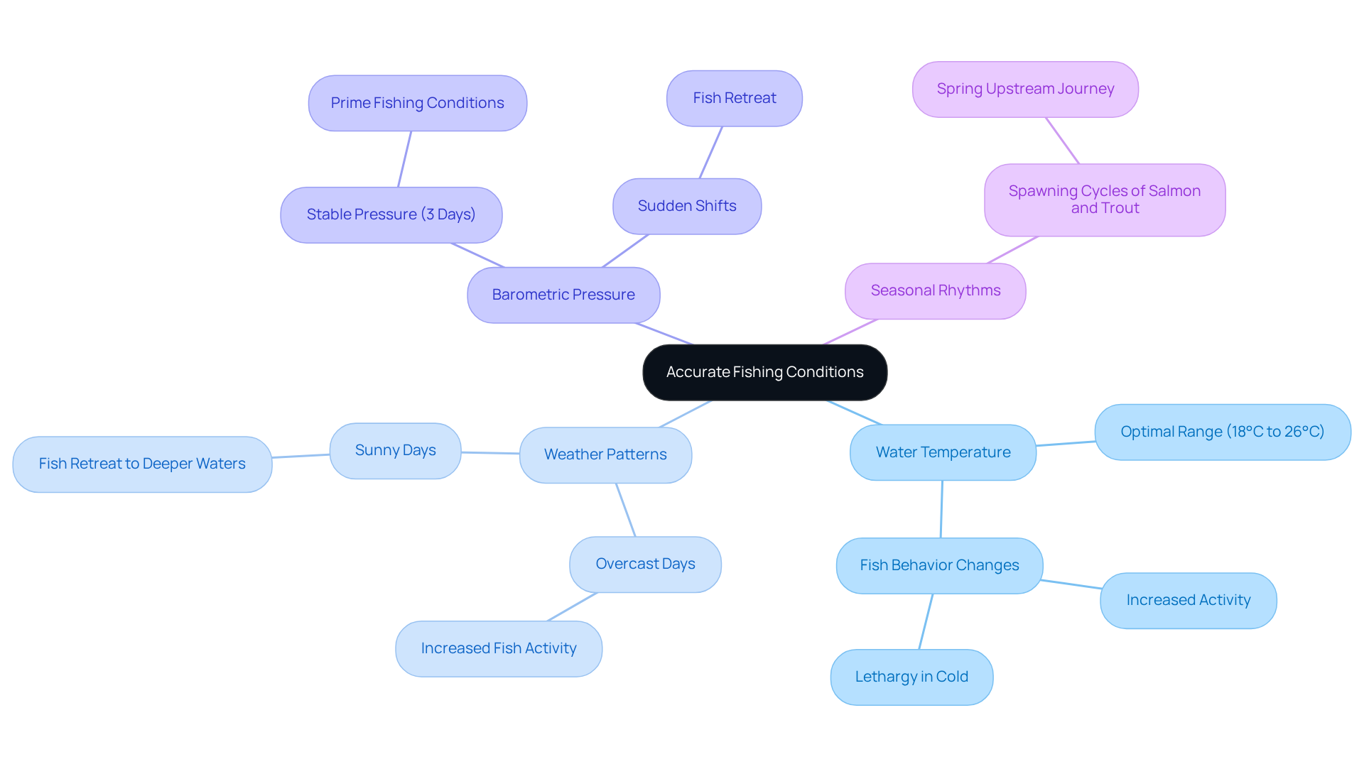 The central node represents the main topic, while the branches show key factors that affect fishing success. Each sub-branch provides specific insights into how these factors influence fish behavior and angling strategies.