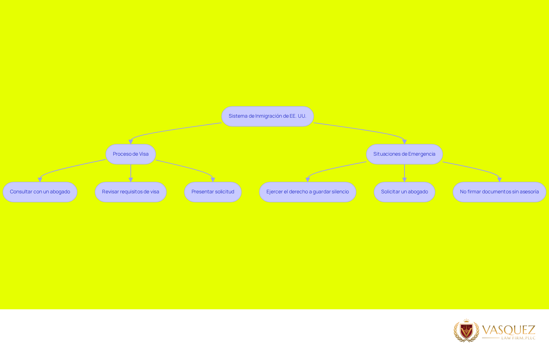 Cada cuadro representa un paso o acción que debe tomarse. Sigue las flechas para entender cómo avanzar en el proceso de inmigración o qué hacer en una emergencia legal.