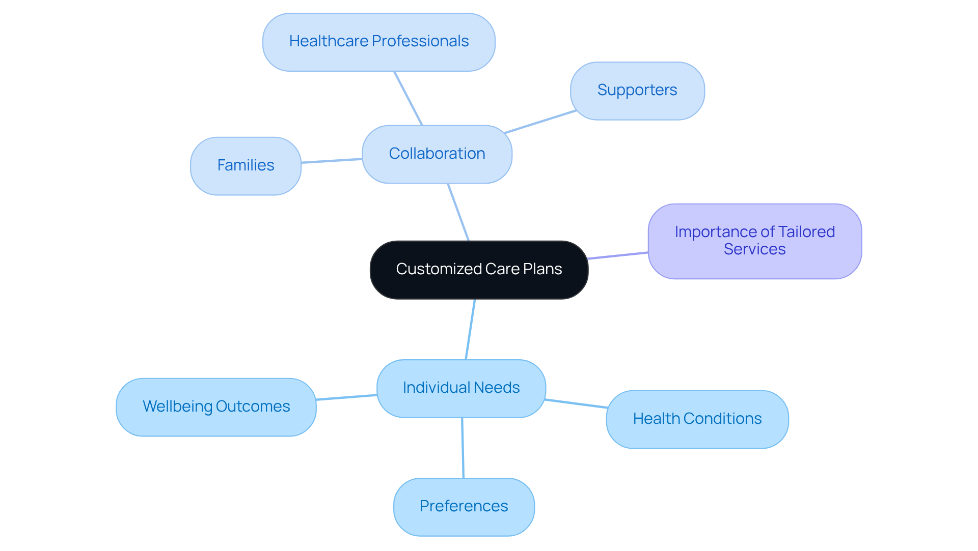 The center represents the main concept of customized care, while the branches highlight key areas that contribute to effective senior support planning. Each branch shows how different components work together to enhance care.