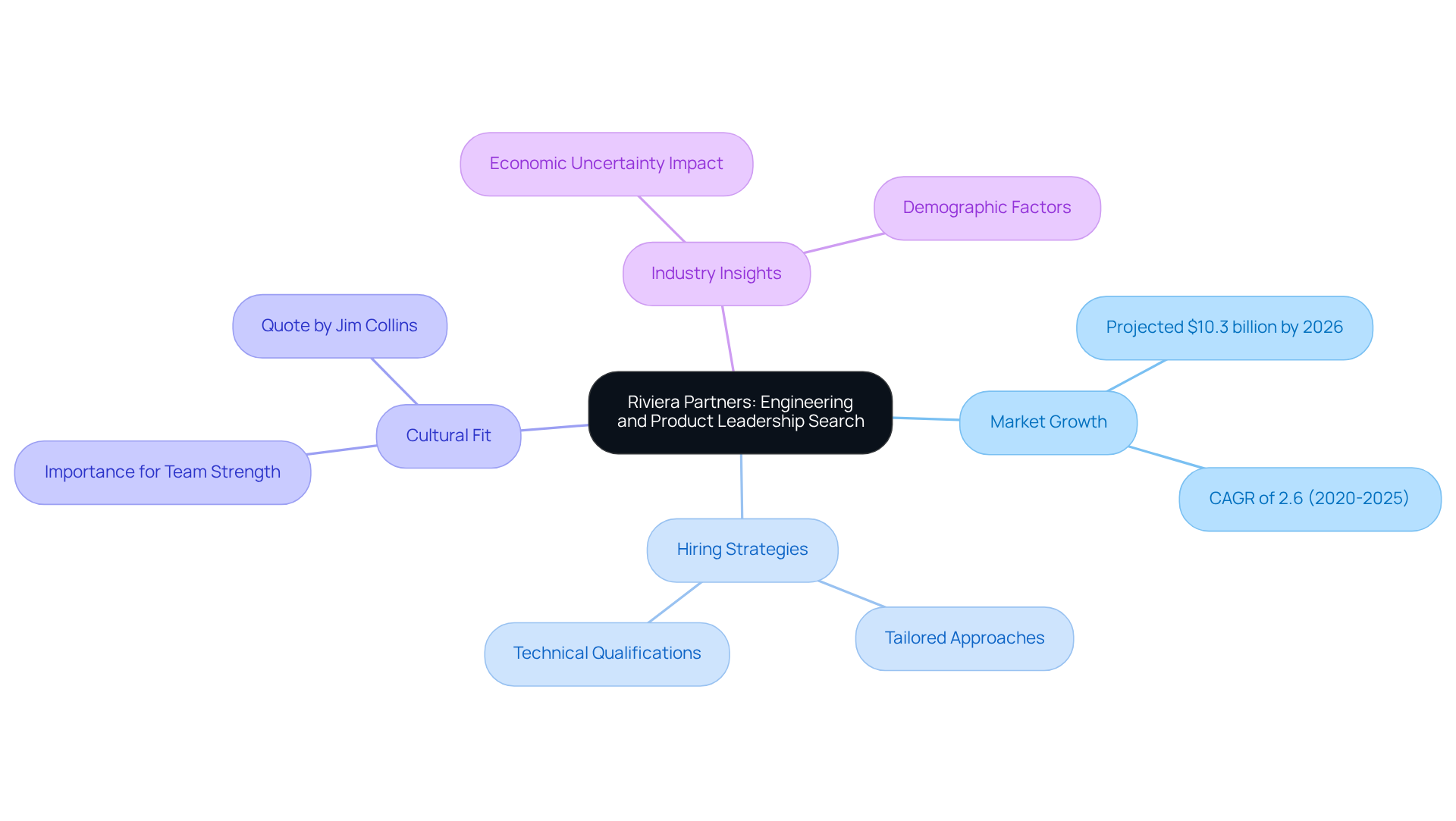 The central node represents Riviera Partners, while branches show important aspects of their services and the market. Each color-coded branch helps you understand how different elements relate to their leadership search focus.