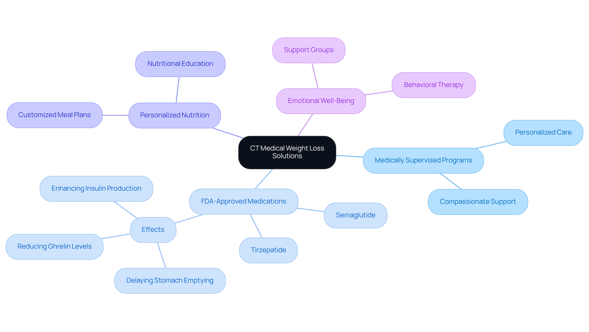 This mindmap shows the holistic approach to weight loss at CT Medical. Start at the center with the main theme, then explore how each strategy—like medications and personalized plans—contributes to successful weight management.