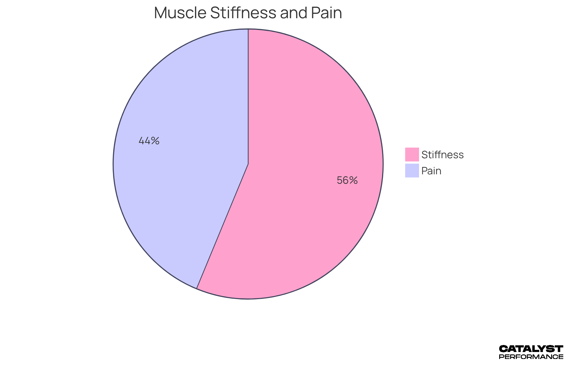 The blue slice shows the percentage of young adults who feel stiffness, while the red slice indicates those who experience pain. The larger the slice, the more common that sensation is among the group.