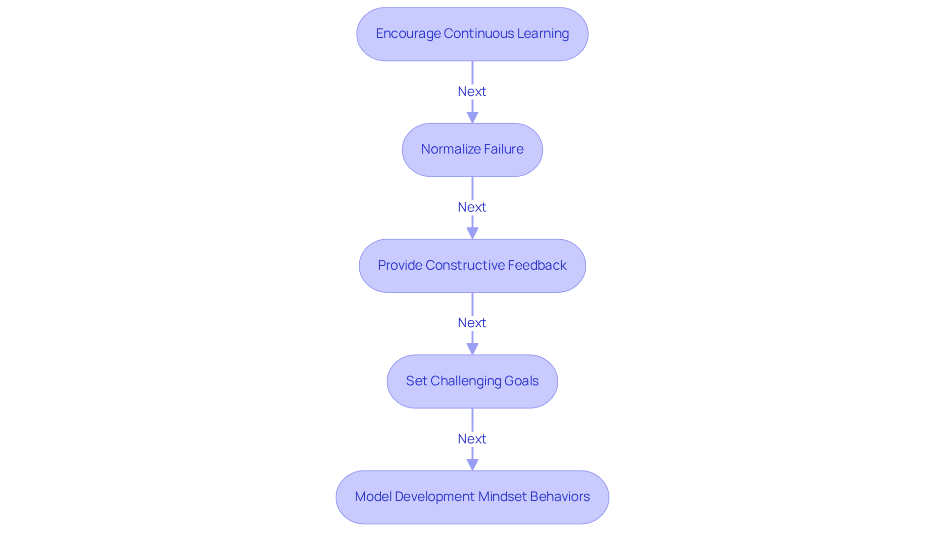 Each box represents a strategy to help foster a growth mindset in your organization. Follow the arrows to see how these strategies connect and build upon each other to create a culture of continuous improvement.
