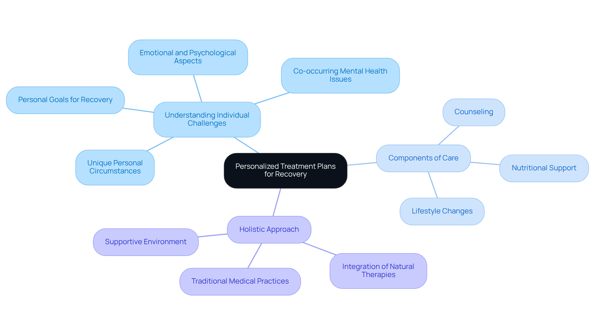 Start at the center with the main idea of personalized treatment. Follow the branches to see how we understand individual challenges and the specific components that make up our holistic approach to recovery.