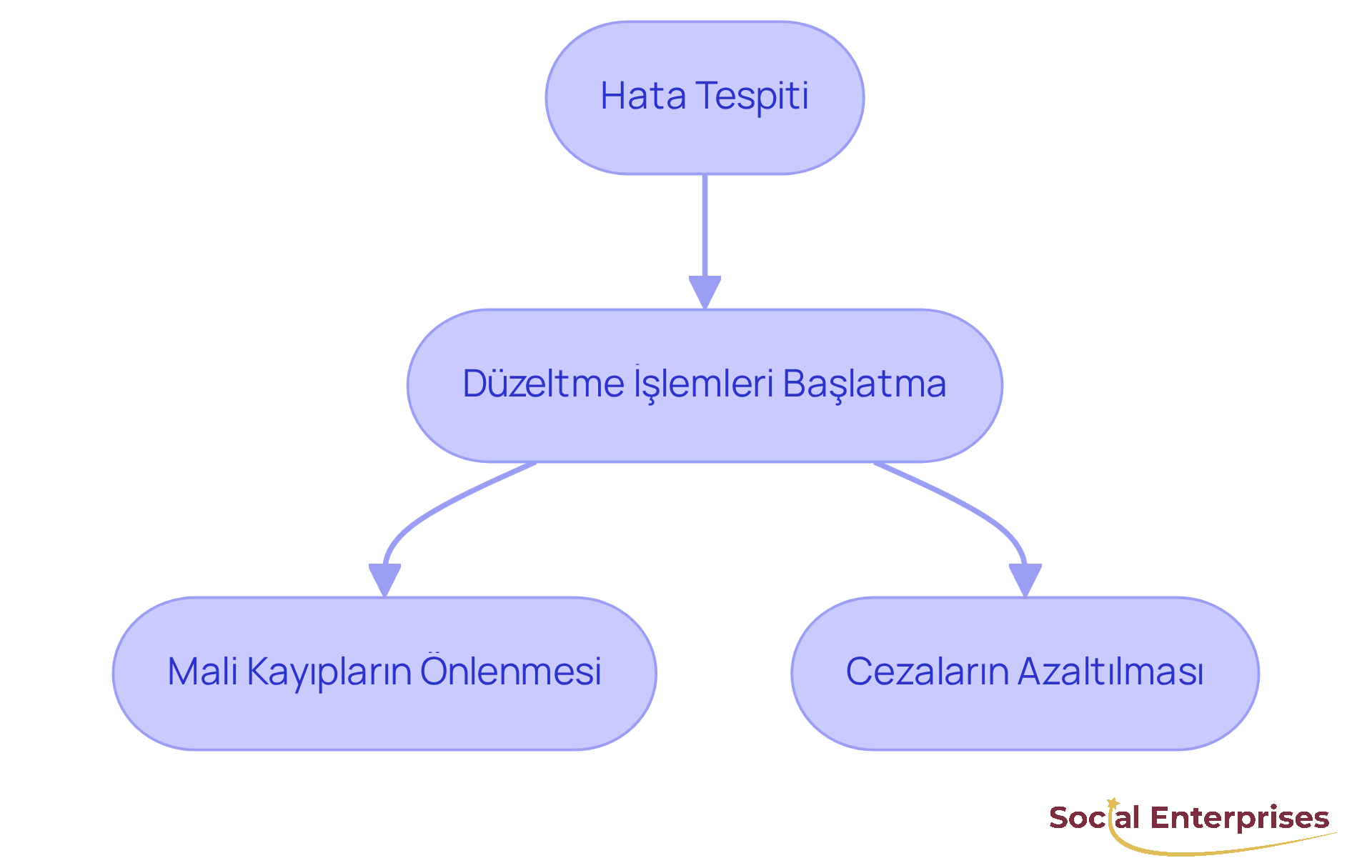 Her ok, hataların düzeltilmesi sürecindeki bir adımı gösterir. Düzeltme işlemleri başlatıldığında, mali kayıpların nasıl önlenebileceği ve cezaların nasıl azaltılabileceği hakkında bilgi verir. Her ok, hataların düzeltilmesi sürecindeki bir adımı gösterir. Düzeltme işlemleri başlatıldığında, mali kayıpların nasıl önlenebileceği ve cezaların nasıl azaltılabileceği hakkında bilgi verir.