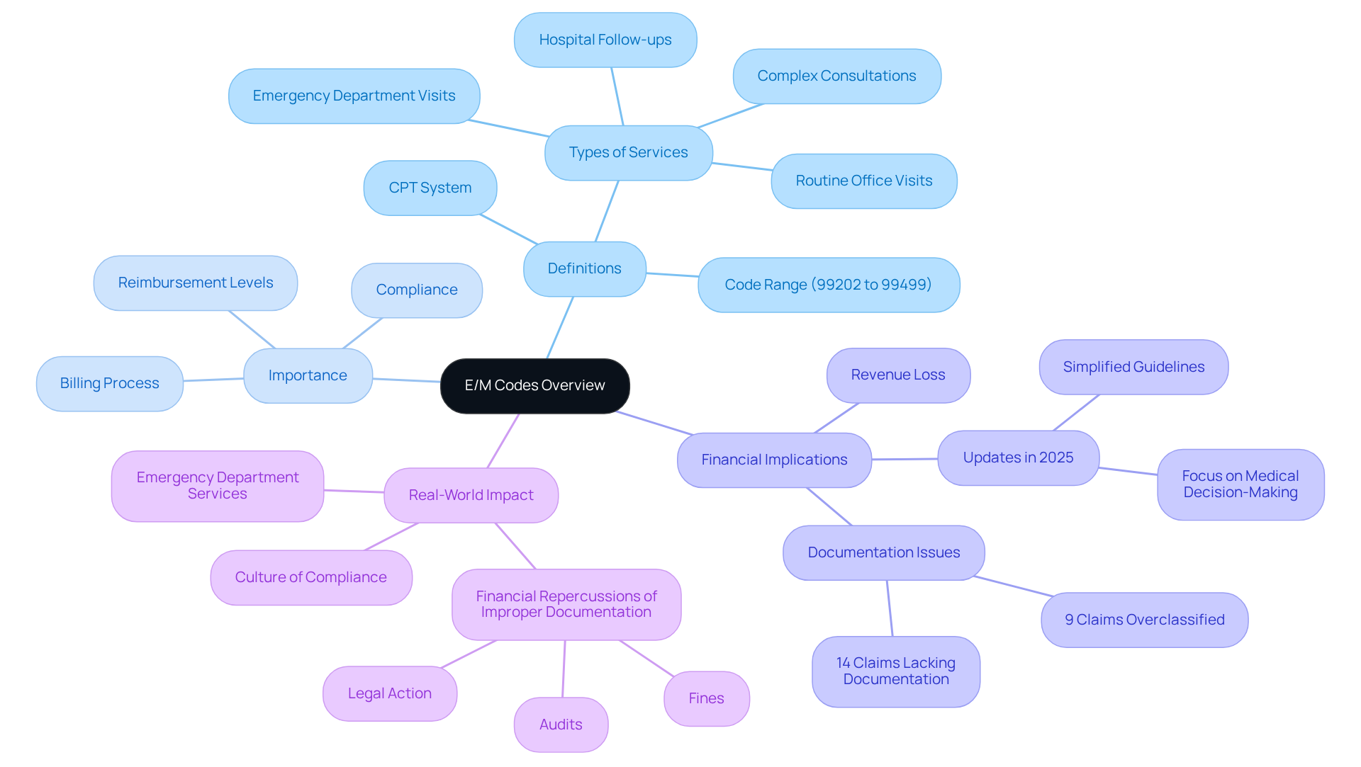 The central node represents the main topic, while branches show key areas related to E/M codes. Each sub-branch provides more detail, helping you understand how these codes impact healthcare services and financial performance.