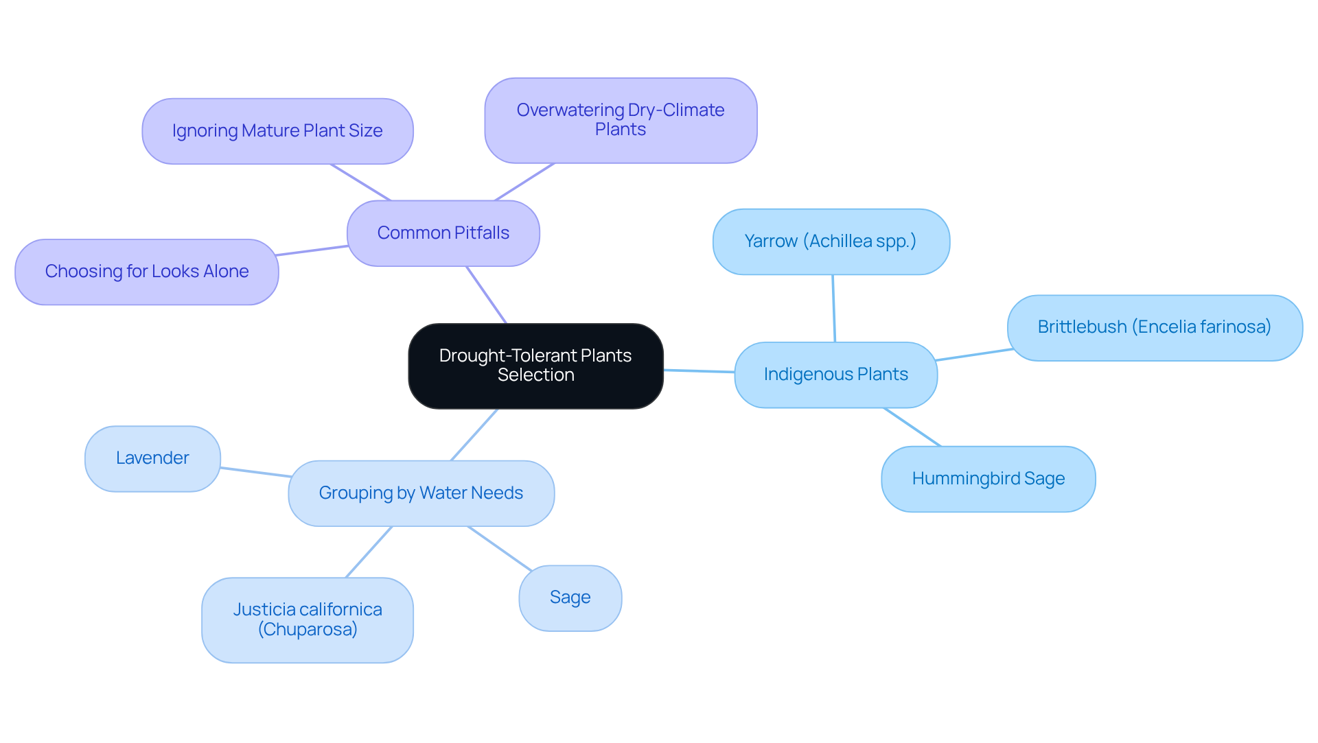 This mindmap helps you explore the best drought-tolerant plants for your environment. Start at the center with the main idea, then follow the branches to discover specific plant types, grouping strategies, and tips to avoid common gardening mistakes. This mindmap helps you explore the best drought-tolerant plants for your environment. Start at the center with the main idea, then follow the branches to discover specific plant types, grouping strategies, and tips to avoid common gardening mistakes.