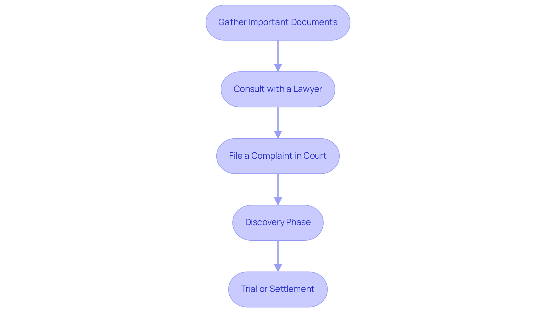 This flowchart outlines the steps you need to take when filing a lawsuit. Start at the top and follow the arrows down to see what you need to do next. Each box represents a key action in the process.