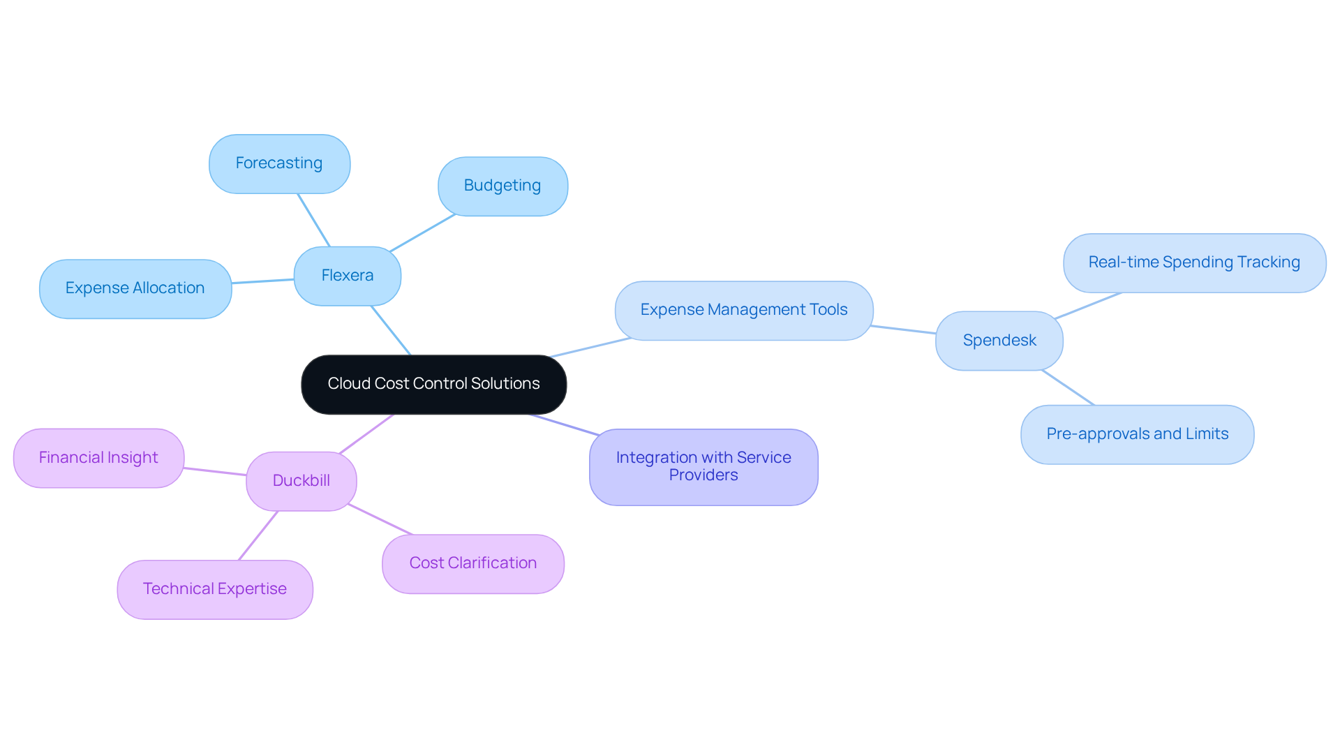 Start at the center with the main topic of cloud cost control, then explore the branches to see how Flexera and Duckbill contribute to managing expenses effectively.
