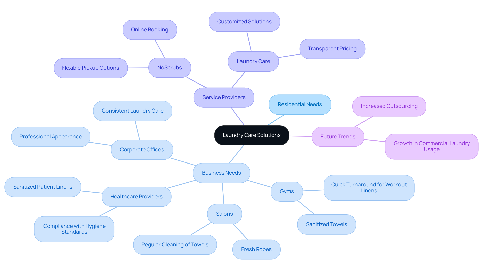 Start at the center with the main topic of laundry care solutions, then explore the branches to see how they cater to different needs and the benefits they provide. Start at the center with the main topic of laundry care solutions, then explore the branches to see how they cater to different needs and the benefits they provide.