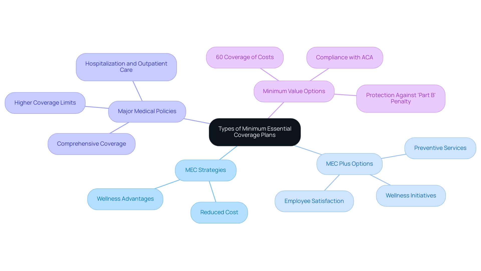 The central node represents the overall category of coverage plans, with branches indicating the four main types, and sub-branches highlighting specific features or benefits of each type.