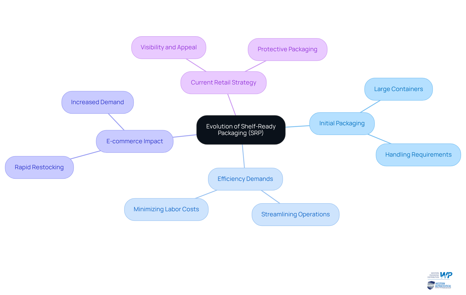 The central node represents the main idea, with branches showing key developments and factors influencing the evolution of SRP in retail. Each branch helps visualize how these elements connect and contribute to the current context.
