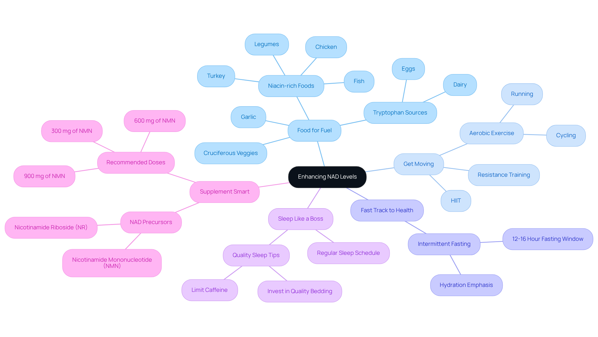 The central node represents the main goal of boosting NAD levels, while each branch shows a different strategy. Follow the branches to see specific actions you can take under each strategy. The central node represents the main goal of boosting NAD levels, while each branch shows a different strategy. Follow the branches to see specific actions you can take under each strategy.