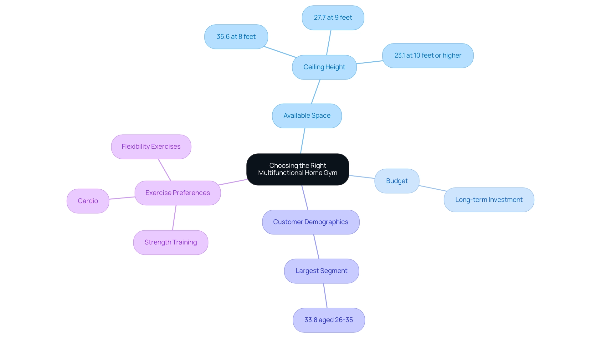 The central node represents the main decision, while branches detail the key considerations: space, budget, demographics, and exercise preferences.