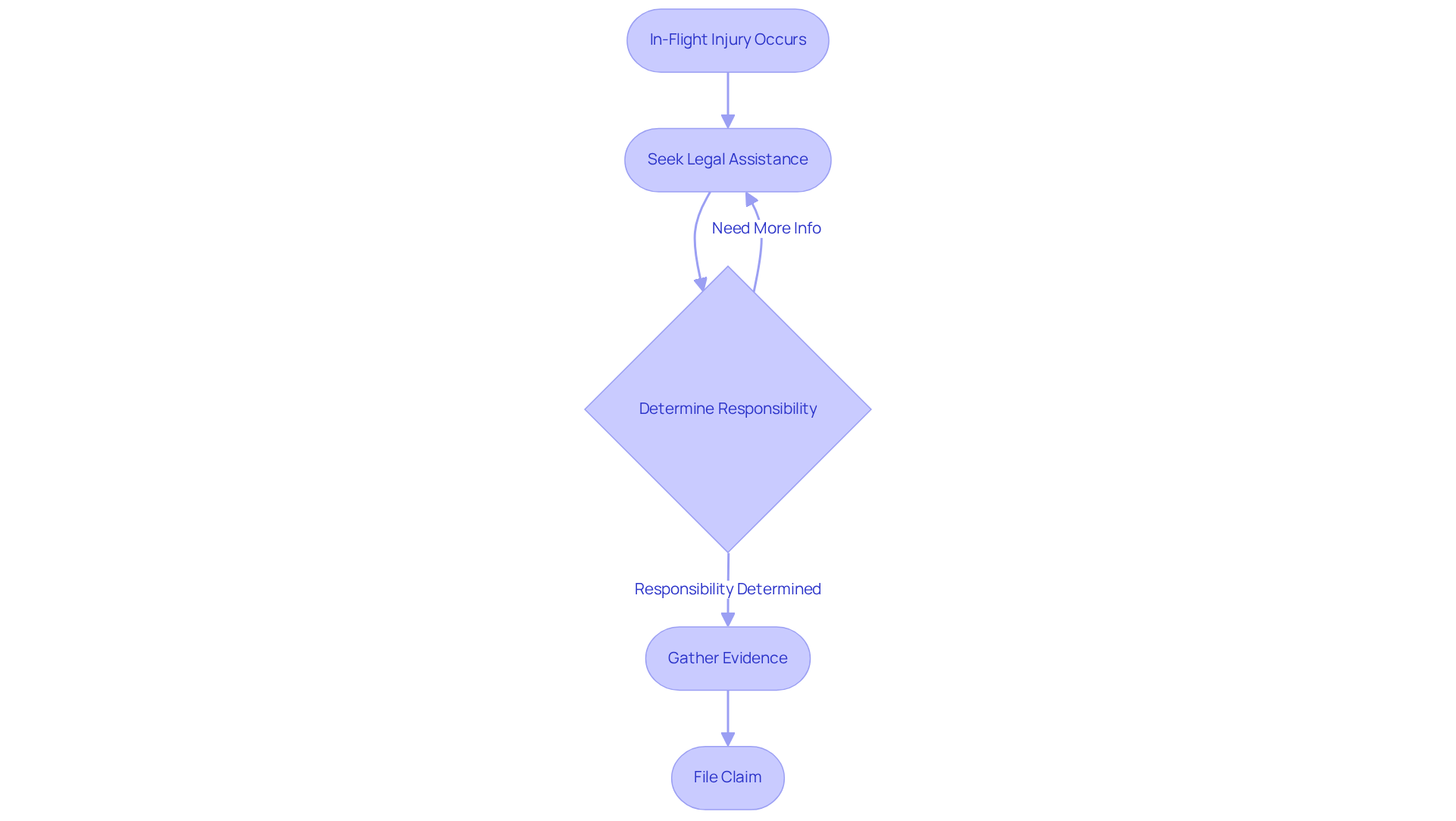 This flowchart shows the steps families need to take after an in-flight injury. Start at the top with the injury, then follow the arrows to see how to seek help, determine who is responsible, gather necessary evidence, and finally file a claim.