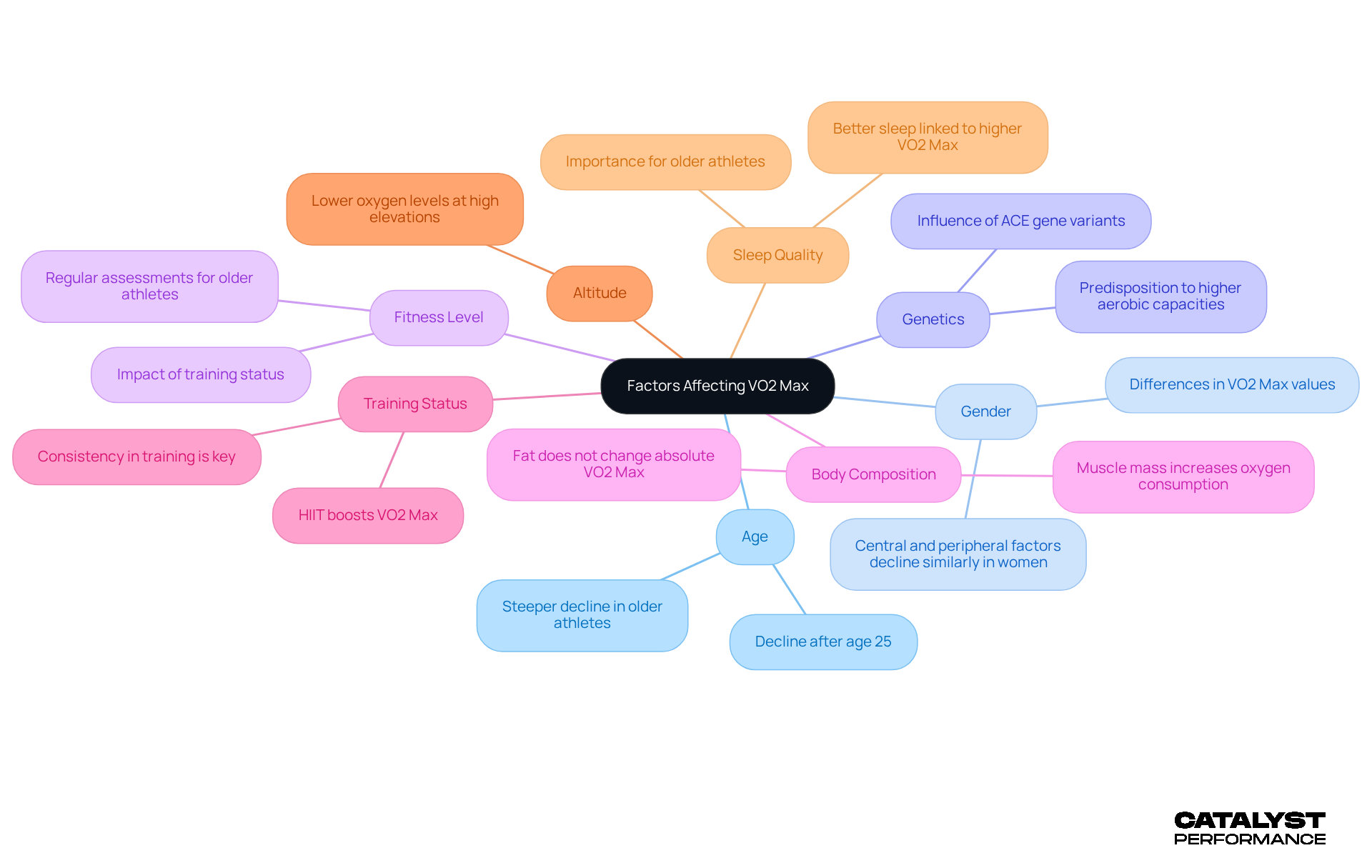 The central node represents VO2 Max, while the branches show different factors that can influence it. Each branch can be explored to understand how these factors contribute to VO2 Max levels. The central node represents VO2 Max, while the branches show different factors that can influence it. Each branch can be explored to understand how these factors contribute to VO2 Max levels.