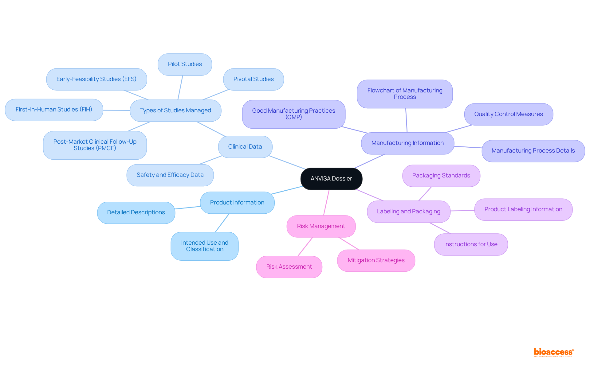 The central node represents the ANVISA dossier, while each branch connects to an essential component. Sub-branches provide more detailed information about each section. This layout helps you see how each part contributes to the entire dossier.