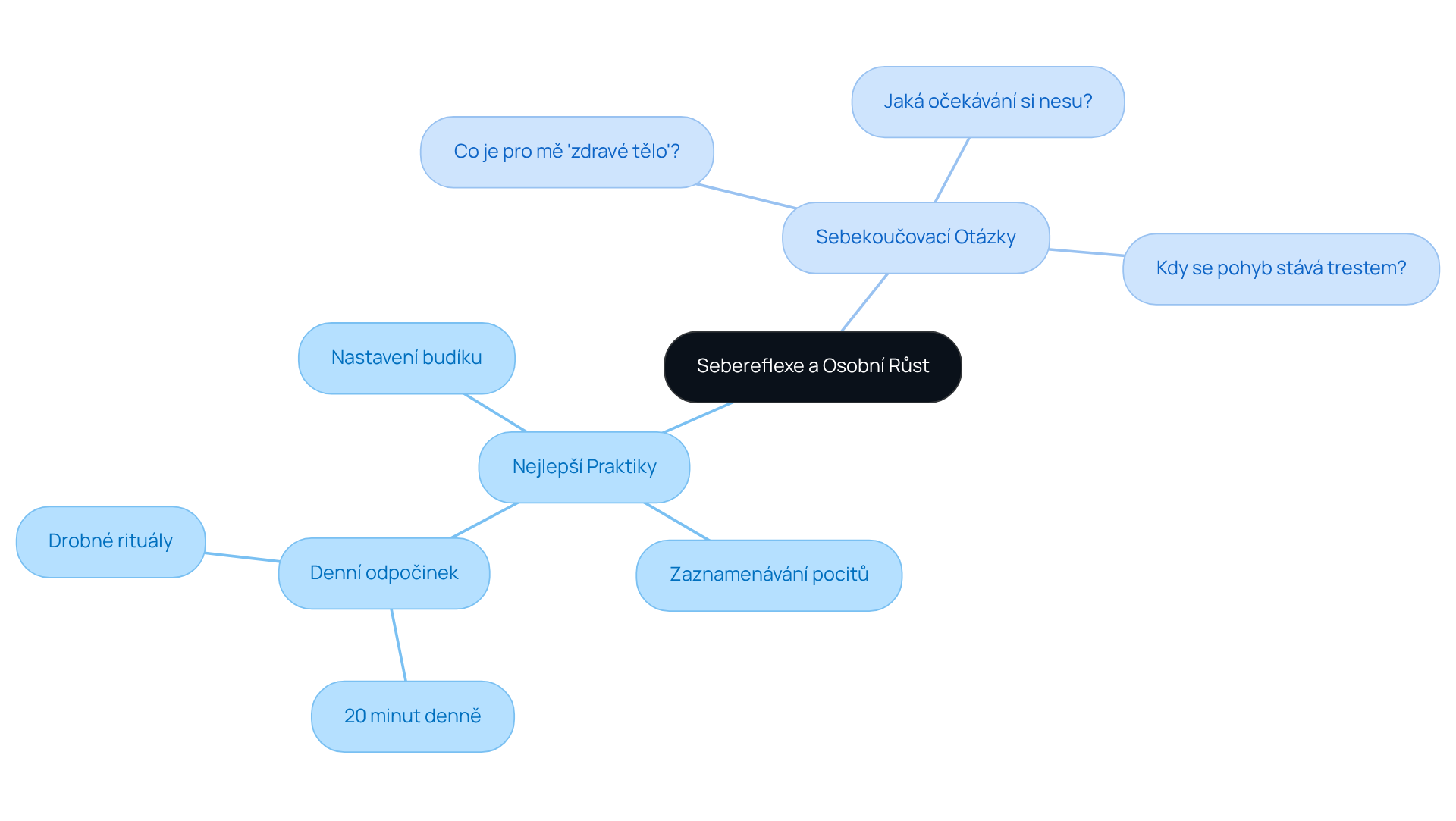 Každá větev představuje klíčovou oblast sebereflexe. Sledujte, jak se hlavní myšlenka dělí na další podkategorie a konkrétní praktiky či otázky, které mohou podpořit váš osobní růst. Každá větev představuje klíčovou oblast sebereflexe. Sledujte, jak se hlavní myšlenka dělí na další podkategorie a konkrétní praktiky či otázky, které mohou podpořit váš osobní růst.