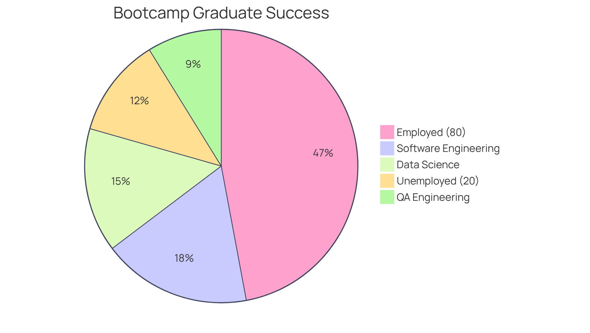 The big slice shows the 80% of graduates who found jobs, while the smaller slice represents those who didn't. If added, the other slices show the focus areas of the curriculum — all aimed at getting you ready for a new career!