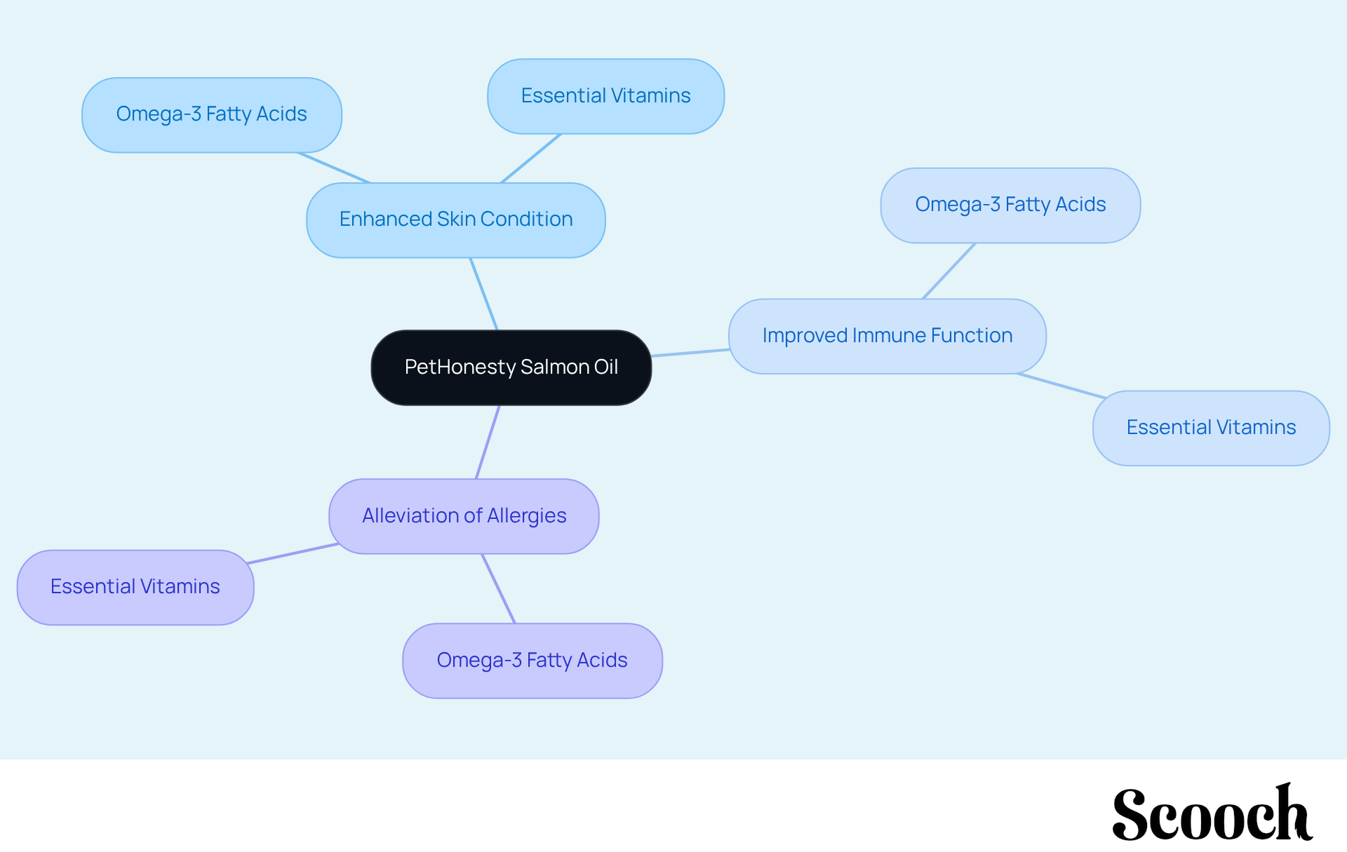 The center represents the product, and the branches show how it helps dogs. Each benefit is connected to specific components, illustrating how they contribute to your pet's health.