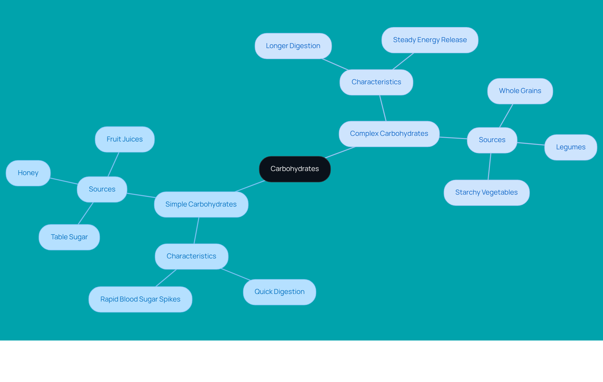 The central node represents carbohydrates, with branches showing the two types. Each type has characteristics and sources listed, helping you see how they differ and what foods to include in your diet.