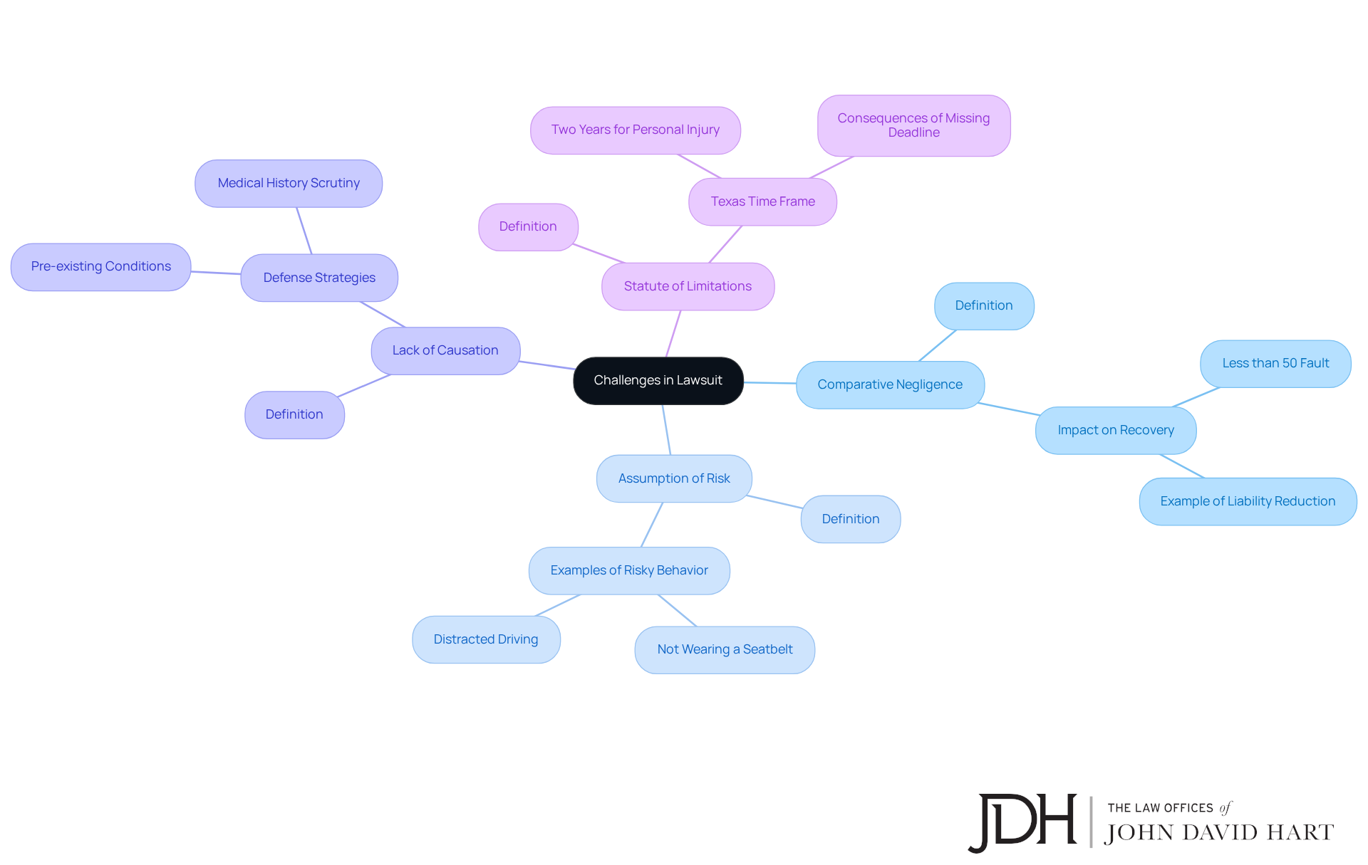 The central node represents the overall theme of lawsuit challenges, while each branch details a specific defense you might encounter. The sub-branches provide additional context or examples related to each defense. The central node represents the overall theme of lawsuit challenges, while each branch details a specific defense you might encounter. The sub-branches provide additional context or examples related to each defense.