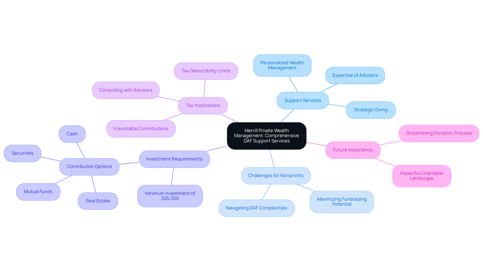 The central node represents the main focus on DAF support services, while the branches show related topics and subtopics, helping you visualize the connections and important details.