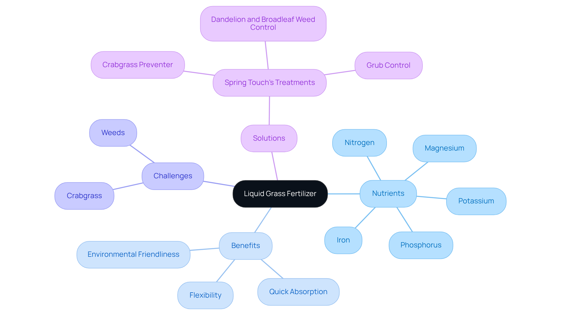 The center represents liquid grass fertilizer, with branches showing the nutrients it contains, the benefits it offers, the challenges homeowners face, and the solutions available. Each color-coded branch helps you see how everything connects to achieving a healthy lawn.