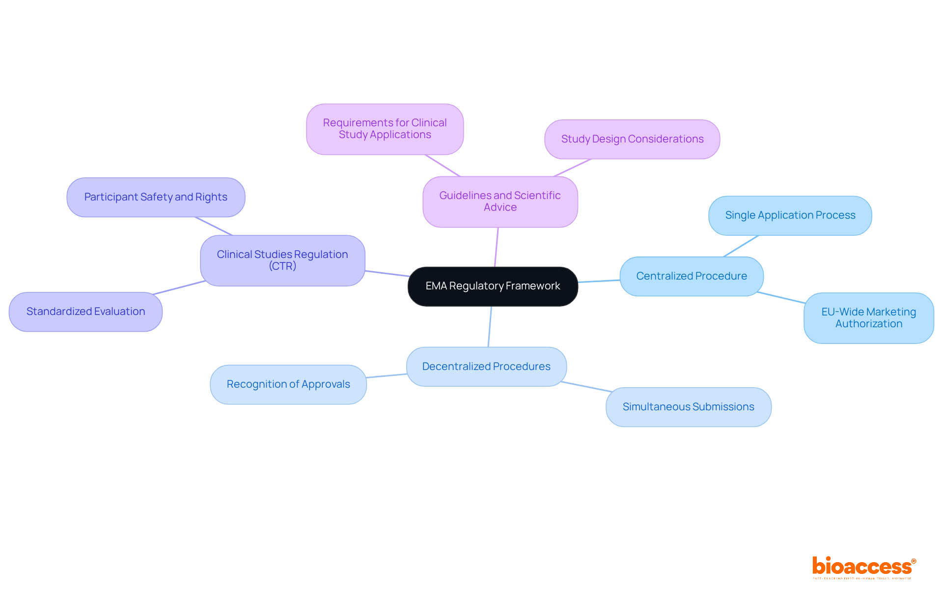 The central node represents the EMA's regulatory framework, with branches showing the main components. Each component can be explored further to understand its significance and details.