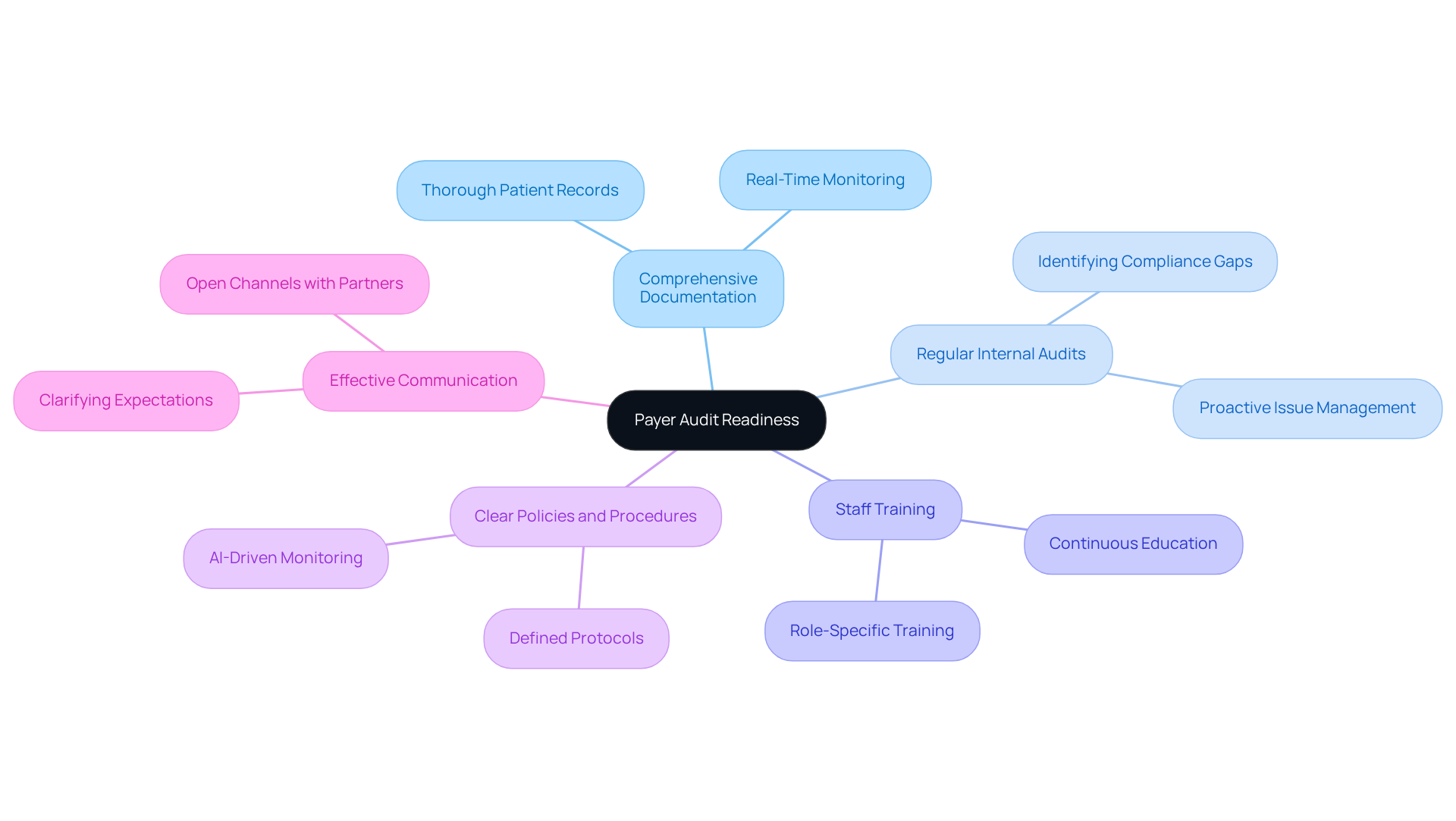 The central node represents the main topic, while the branches show the essential traits that contribute to effective payer audit readiness. Each branch highlights a specific characteristic, making it easy to understand how they all connect to the central theme.