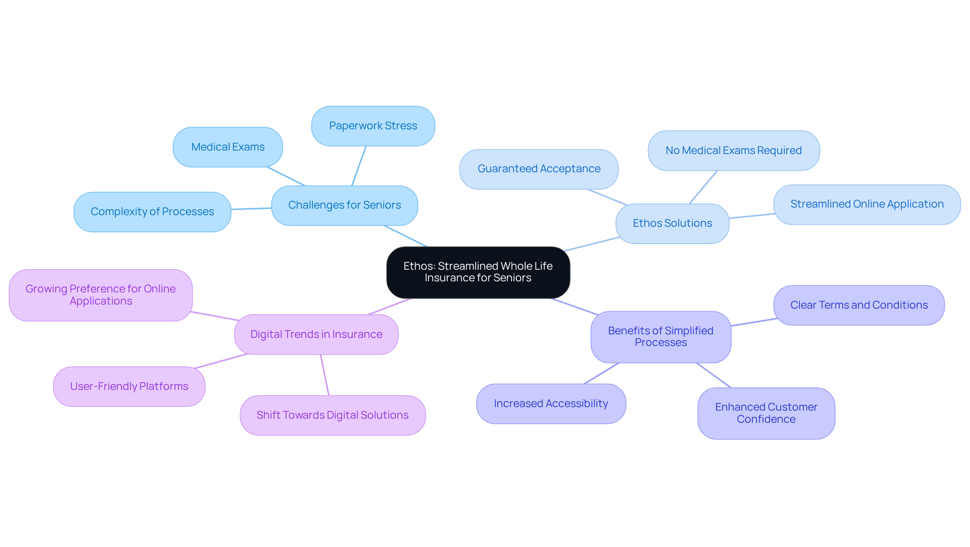 The center represents Ethos's approach to insurance for seniors. Each branch shows different aspects of the challenges and solutions, helping you see how they connect and support the main idea.