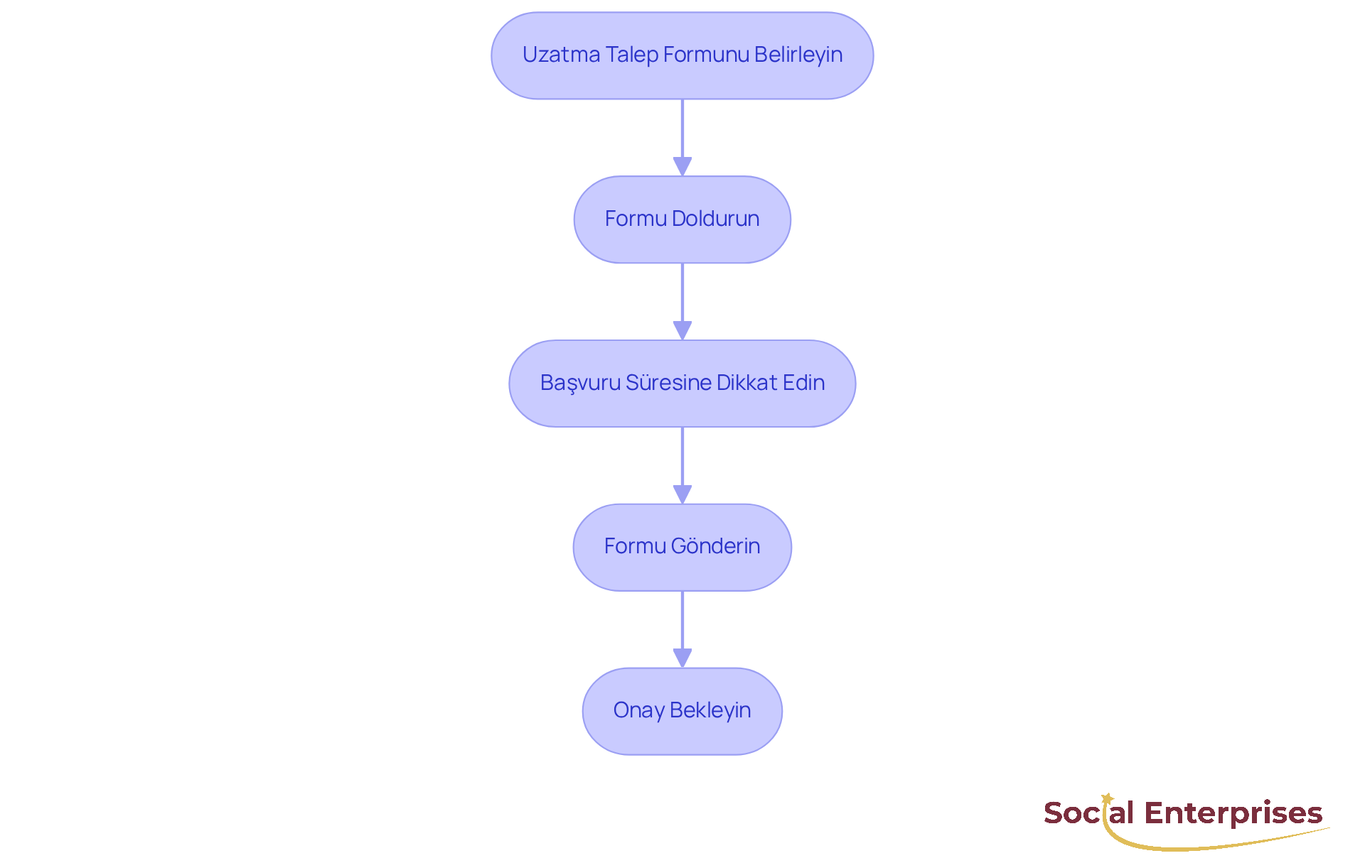 Her kutu, uzatma talep sürecinin bir adımını temsil ediyor. Oklar ise bu adımların nasıl birbirine bağlandığını gösteriyor. Süreci takip ederek adım adım ilerleyebilirsiniz.
