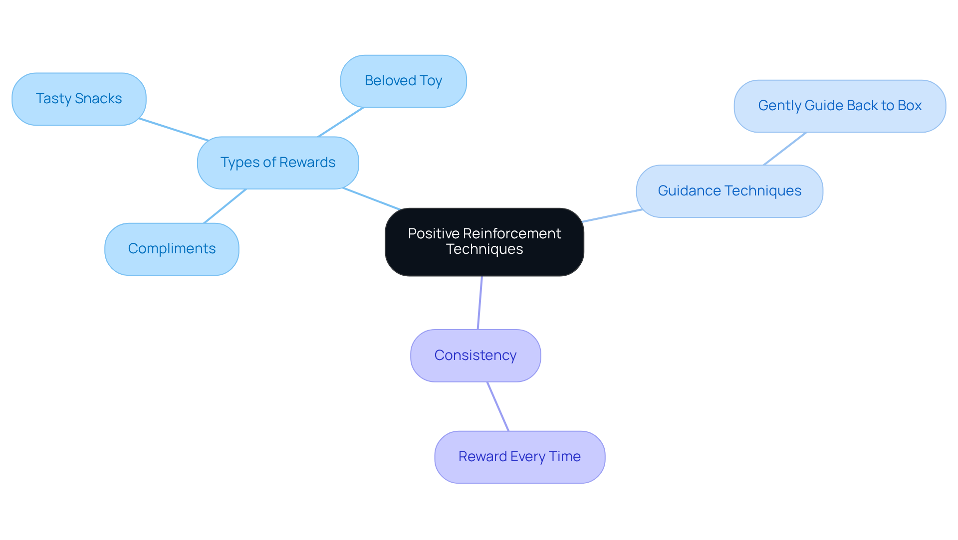 The center represents the main strategy, while the branches show different methods and principles to help your cat learn positively. Each branch highlights an important aspect of the training process.