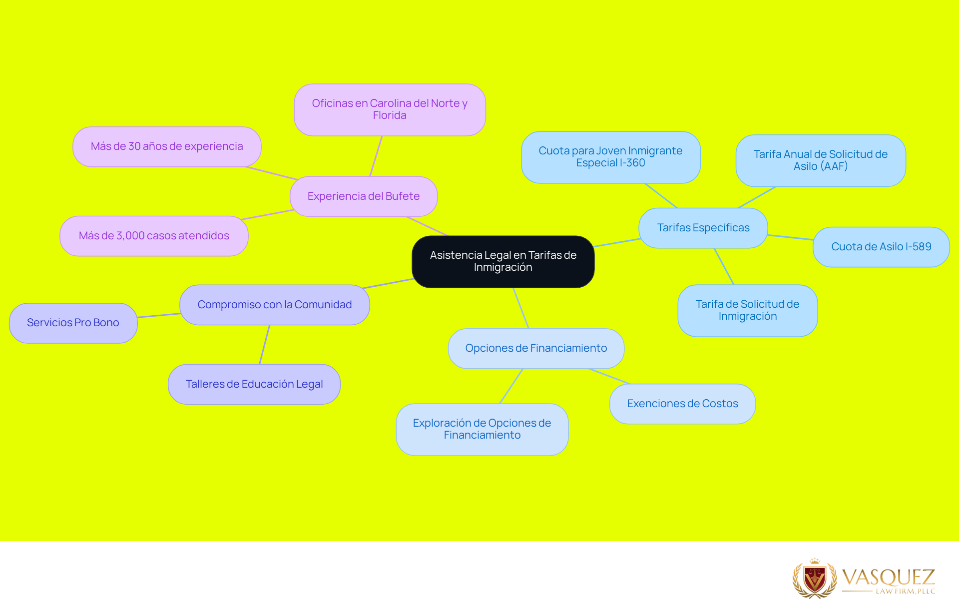 El nodo central representa el tema principal, mientras que las ramas muestran las tarifas y opciones de financiamiento disponibles. Cada subtema ayuda a entender mejor cómo la firma apoya a los solicitantes en el proceso de inmigración.