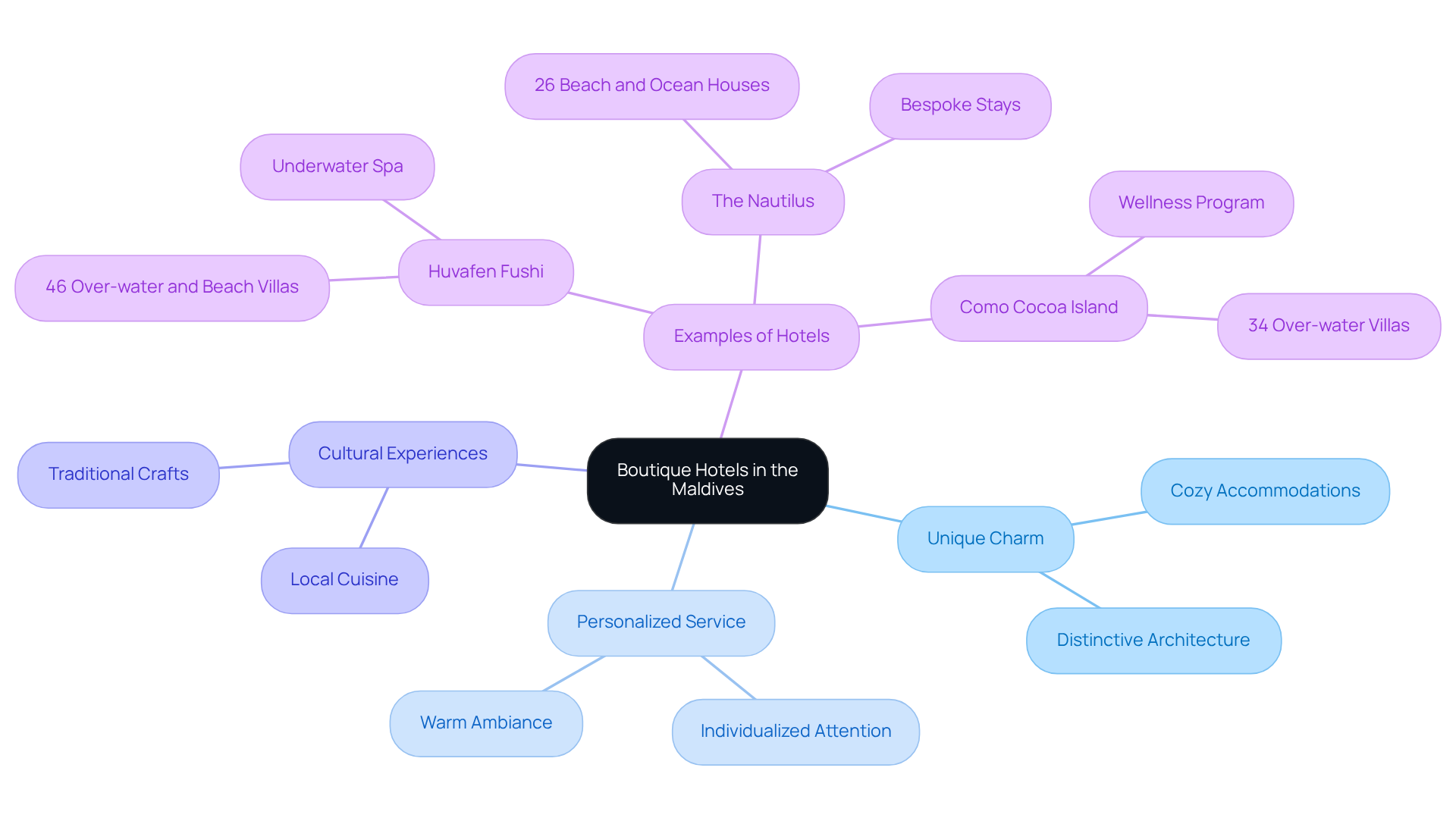 The center represents the main topic of boutique hotels, while the branches show different aspects that make these hotels special. Each sub-branch provides more detail about what you can expect, helping you visualize the unique experiences available.