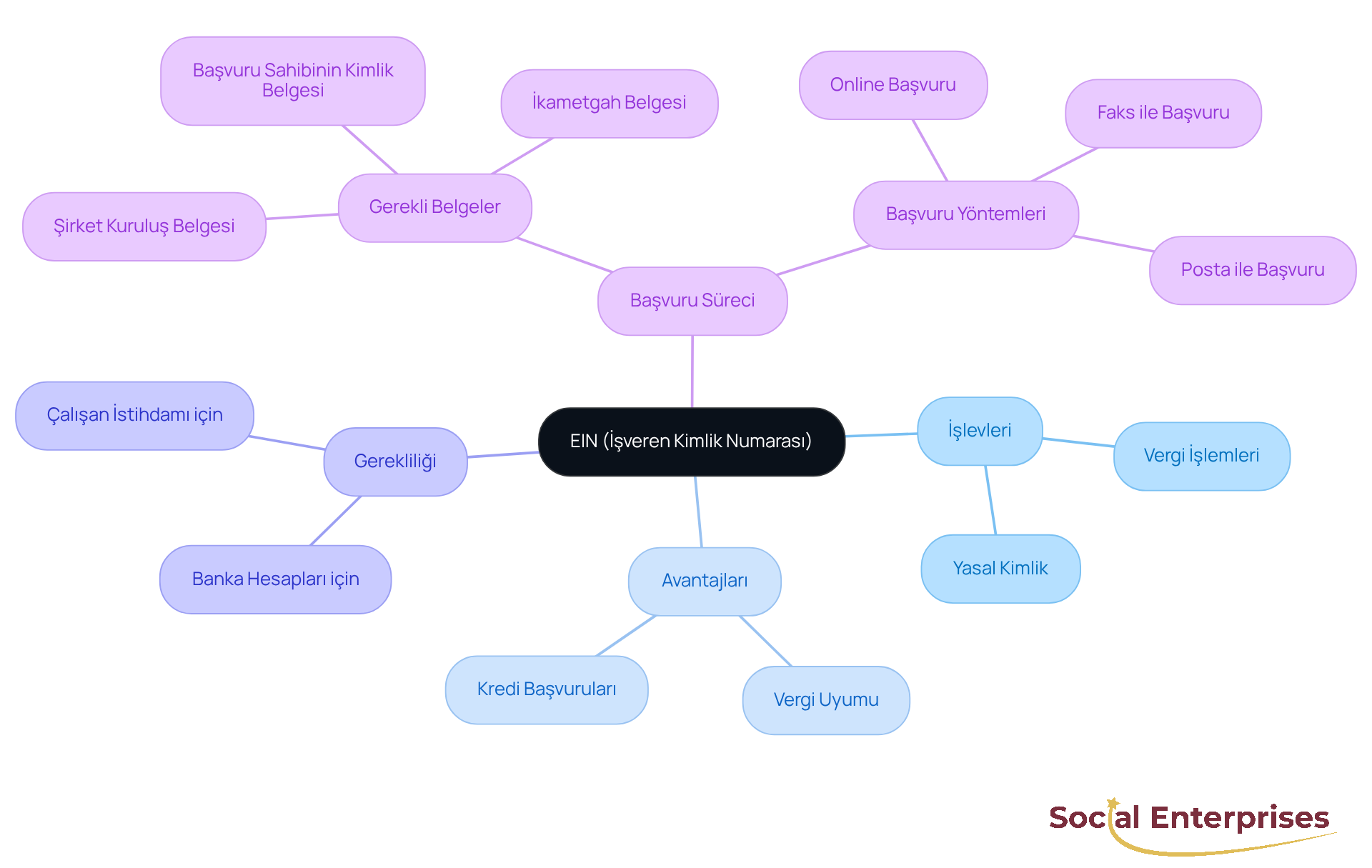 Merkezde EIN var, çevresinde ise bu numaranın gereklilikleri ve avantajları yer alıyor. Her dal, EIN'in işlevlerini ve önemini açıklıyor; böylece EIN'in neden bu kadar kritik bir öneme sahip olduğunu kolayca anlayabilirsiniz.