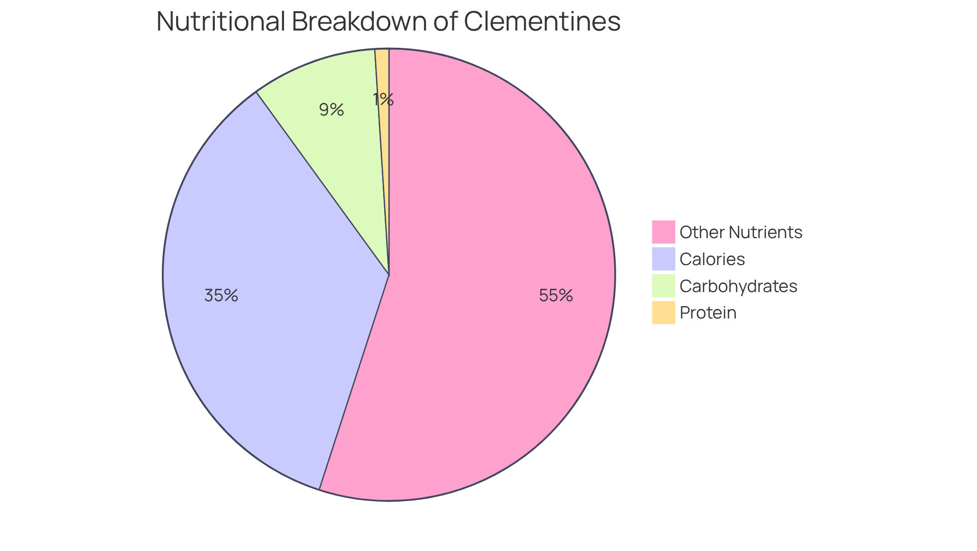 Each slice of the pie shows the contribution of different nutrients to the total caloric content of clementines — it helps you see at a glance what makes up this tasty fruit!