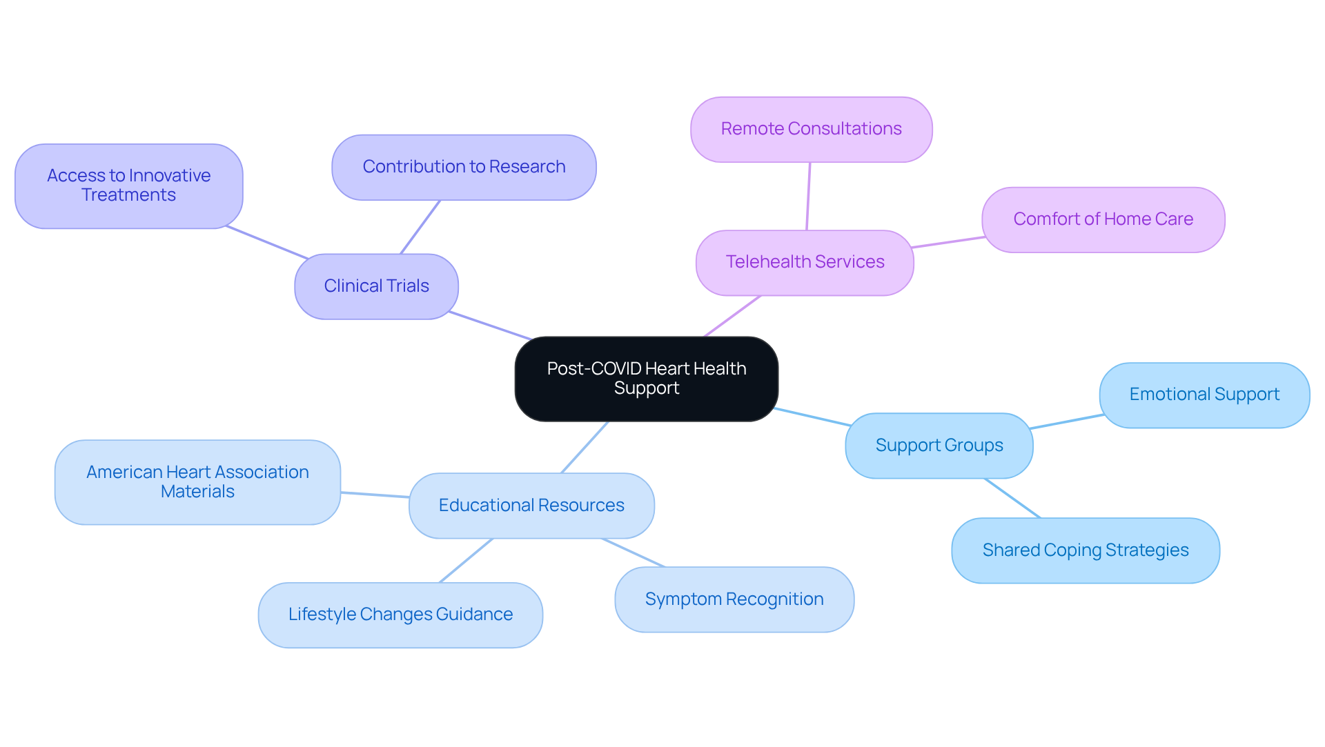 The center represents the main theme of heart health after COVID-19. Each branch shows a type of support available, with further details on how they can help you in your recovery journey.