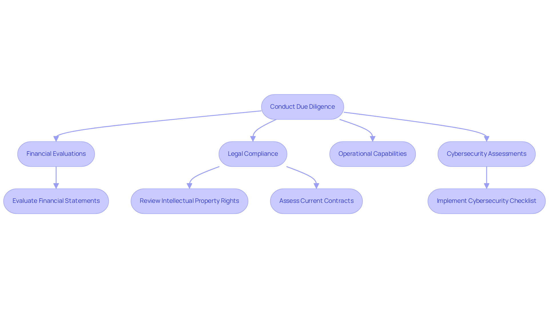 This flowchart illustrates the steps technology CEOs should take during the due diligence process. Each box represents a critical area of focus, and the arrows show how these areas connect and flow into one another. Following this process helps identify risks and ensures a thorough evaluation before making an acquisition.