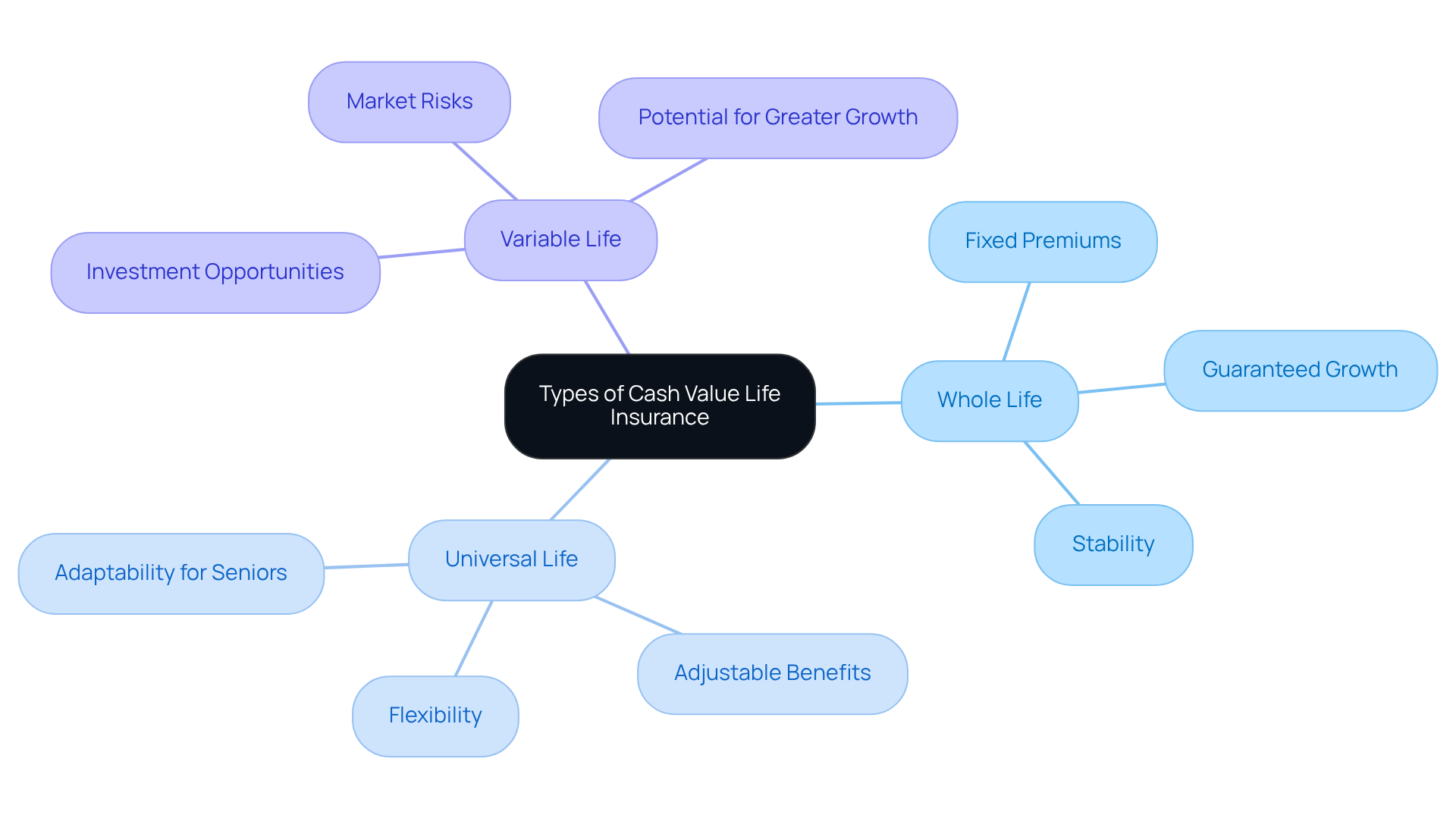 Start at the center with the main topic, then follow the branches to explore each type of insurance and its unique features. Each color-coded branch helps you quickly identify the different options available.