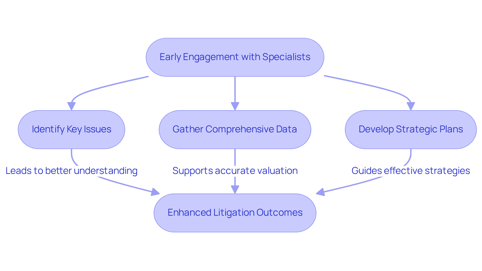 This flowchart illustrates the proactive steps tech CEOs should take to enhance their litigation outcomes. Start with early engagement, then follow the arrows to see how identifying issues, gathering data, and developing plans lead to better results.