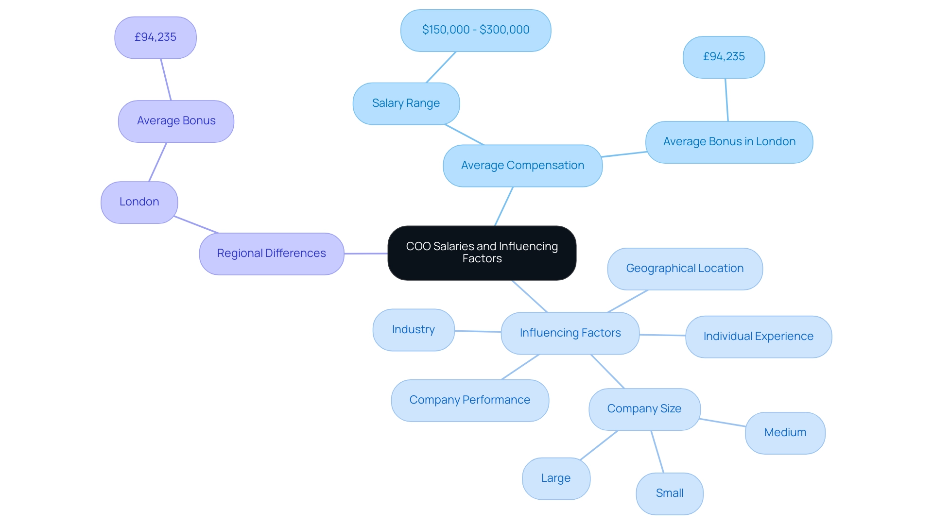 The central node represents COO salaries, with branches indicating major influencing factors and their subcategories.