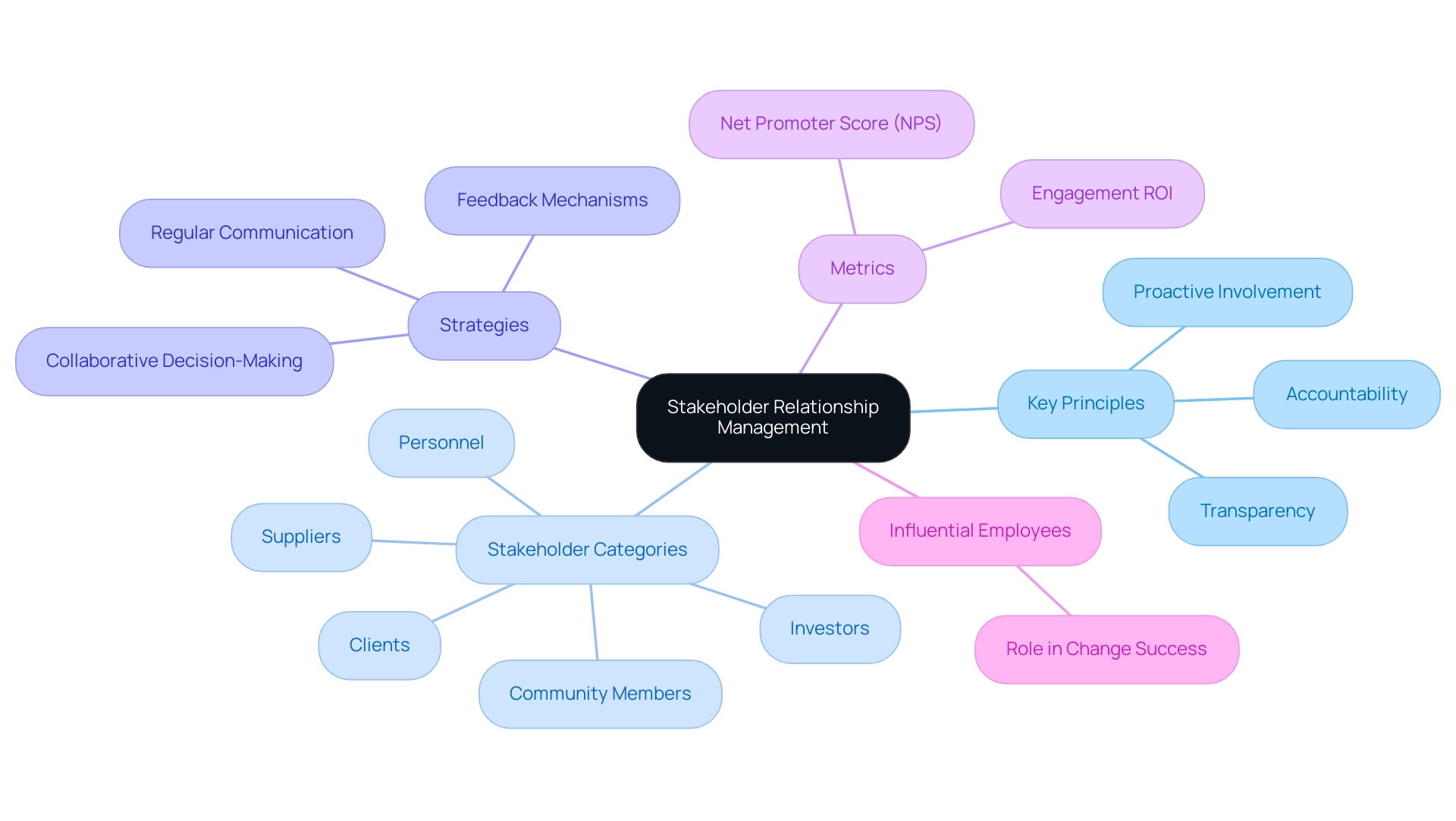 The central node represents the overall theme, with branches for key principles, stakeholder categories, and strategies, each utilizing distinct colors for differentiation.