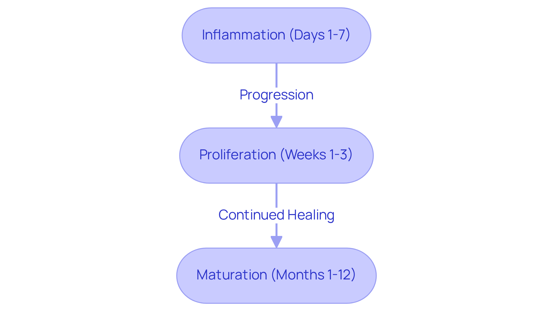 Each box represents a stage in the healing journey. Follow the arrows to see how the healing progresses from inflammation to maturation, with each stage showing important changes. Each box represents a stage in the healing journey. Follow the arrows to see how the healing progresses from inflammation to maturation, with each stage showing important changes.