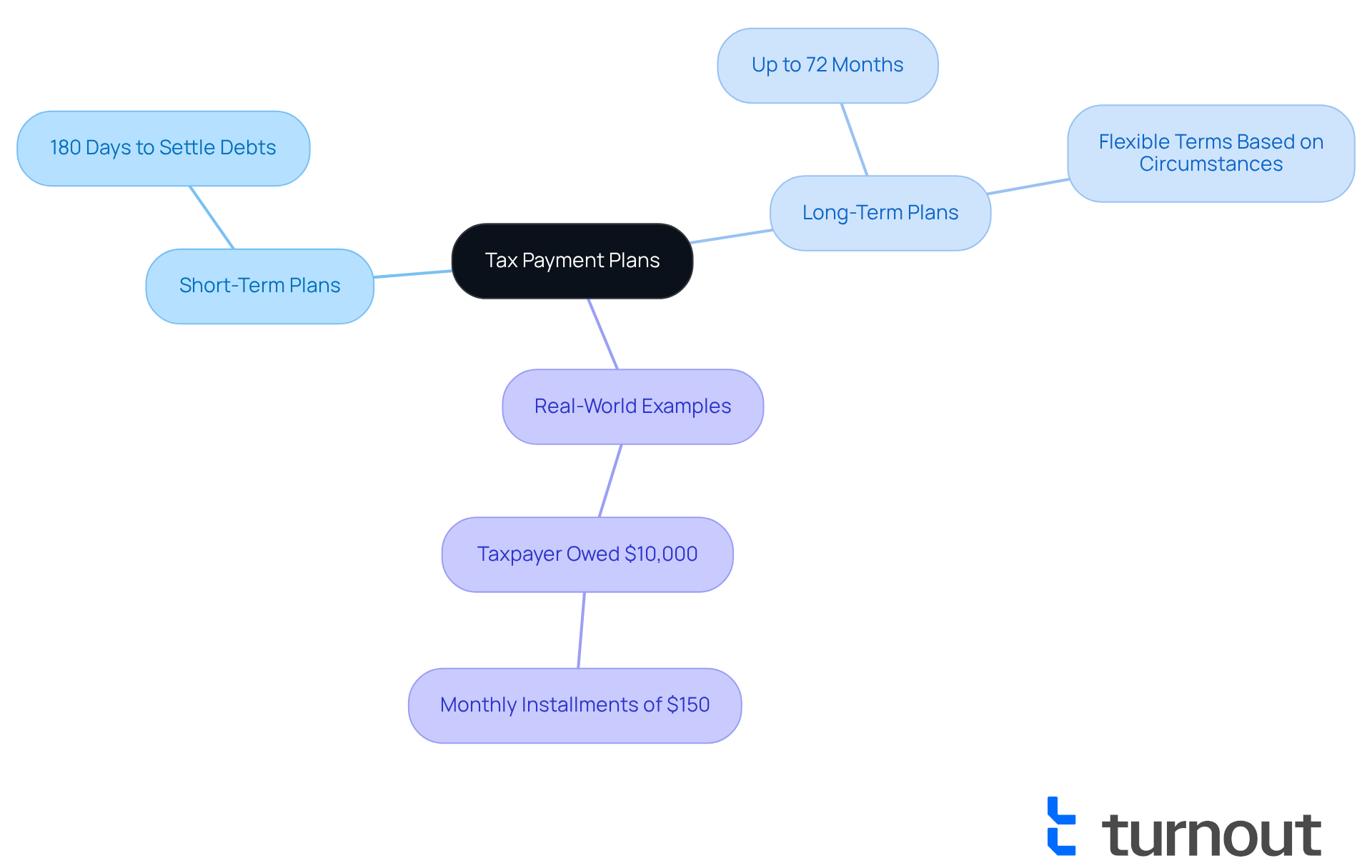 The central node represents the main topic of tax payment plans. Each branch shows different types of plans and examples, helping you understand your options for managing tax obligations.