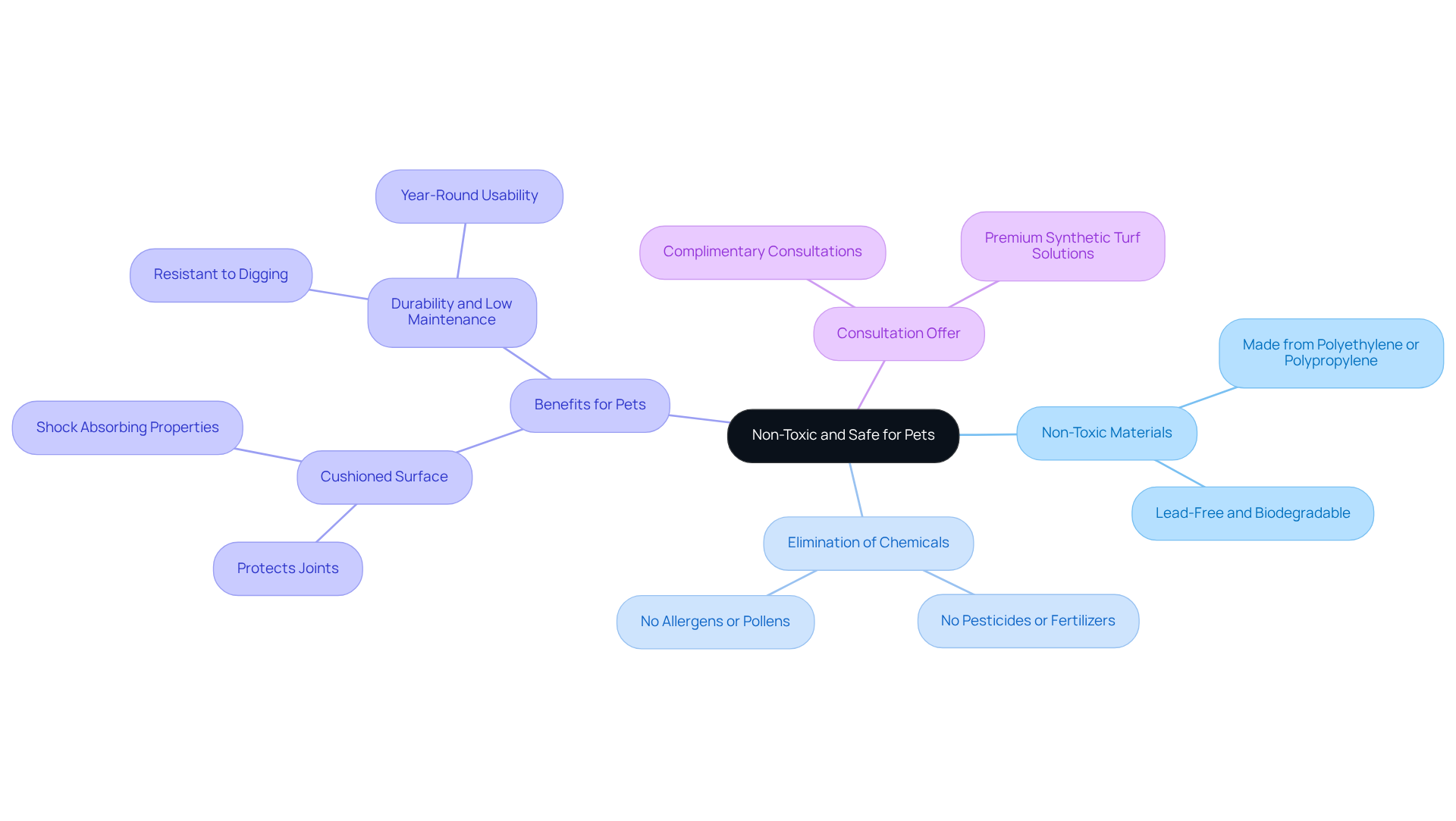 The center shows the main idea of safety for pets, and the branches highlight the various benefits and features of the synthetic turf. Follow the branches to see how each point supports the overall theme.