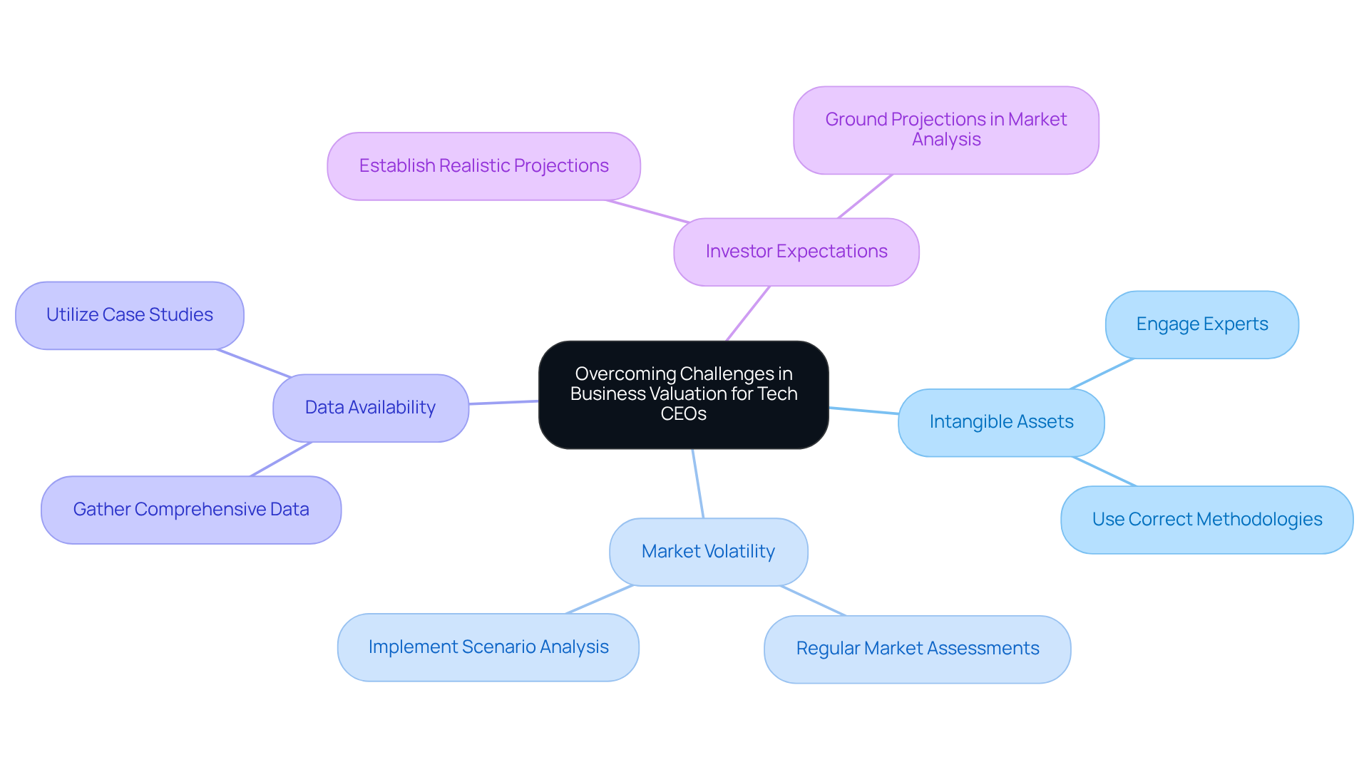 This mindmap illustrates the key challenges tech CEOs face in valuing their businesses and the strategies to overcome them. Each main branch represents a challenge, and the sub-branches show actionable strategies. Follow the branches to see how each challenge is addressed!