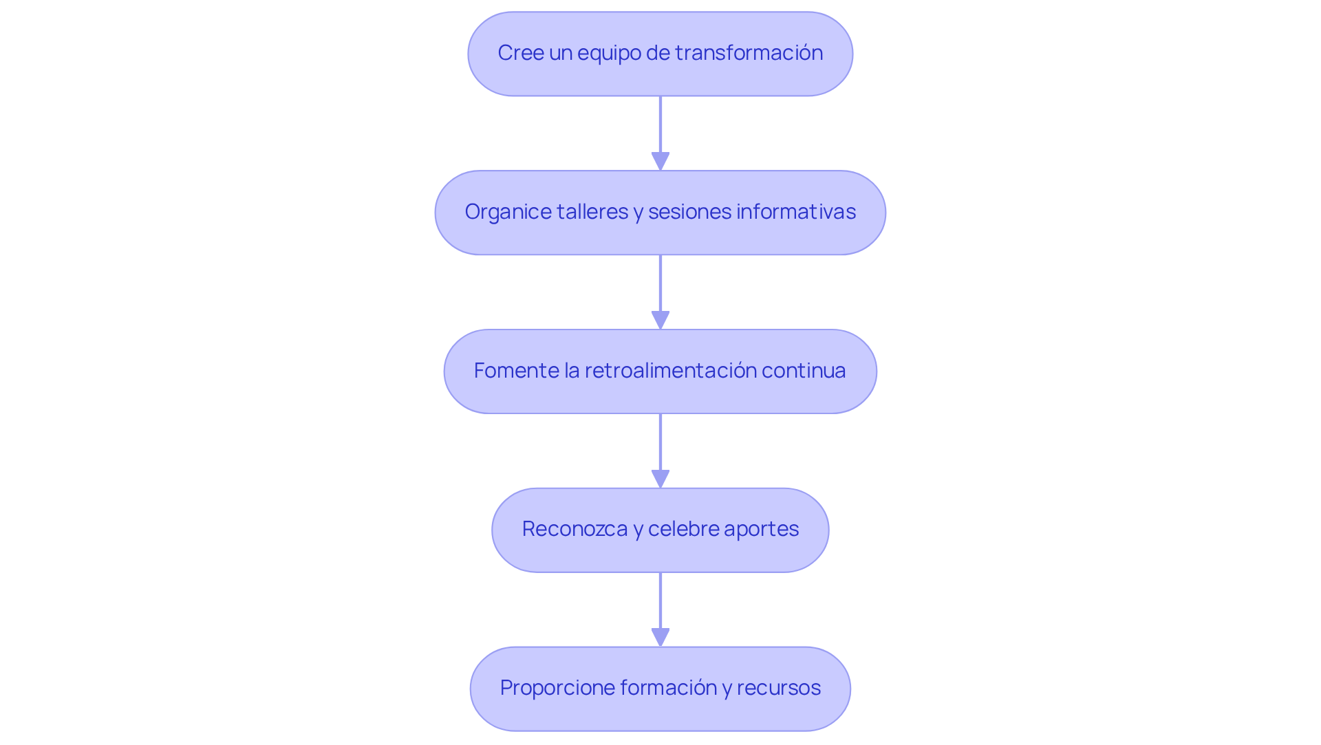 Cada cuadro representa un paso en el proceso de transformación cultural. Sigue las flechas para ver cómo cada acción se relaciona con la siguiente y contribuye al éxito de la transformación.